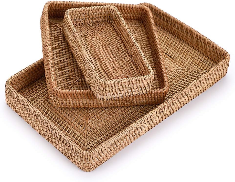 Handwoven Wicker Basket Organizer Tray, Large Rattan Serving Tray ...