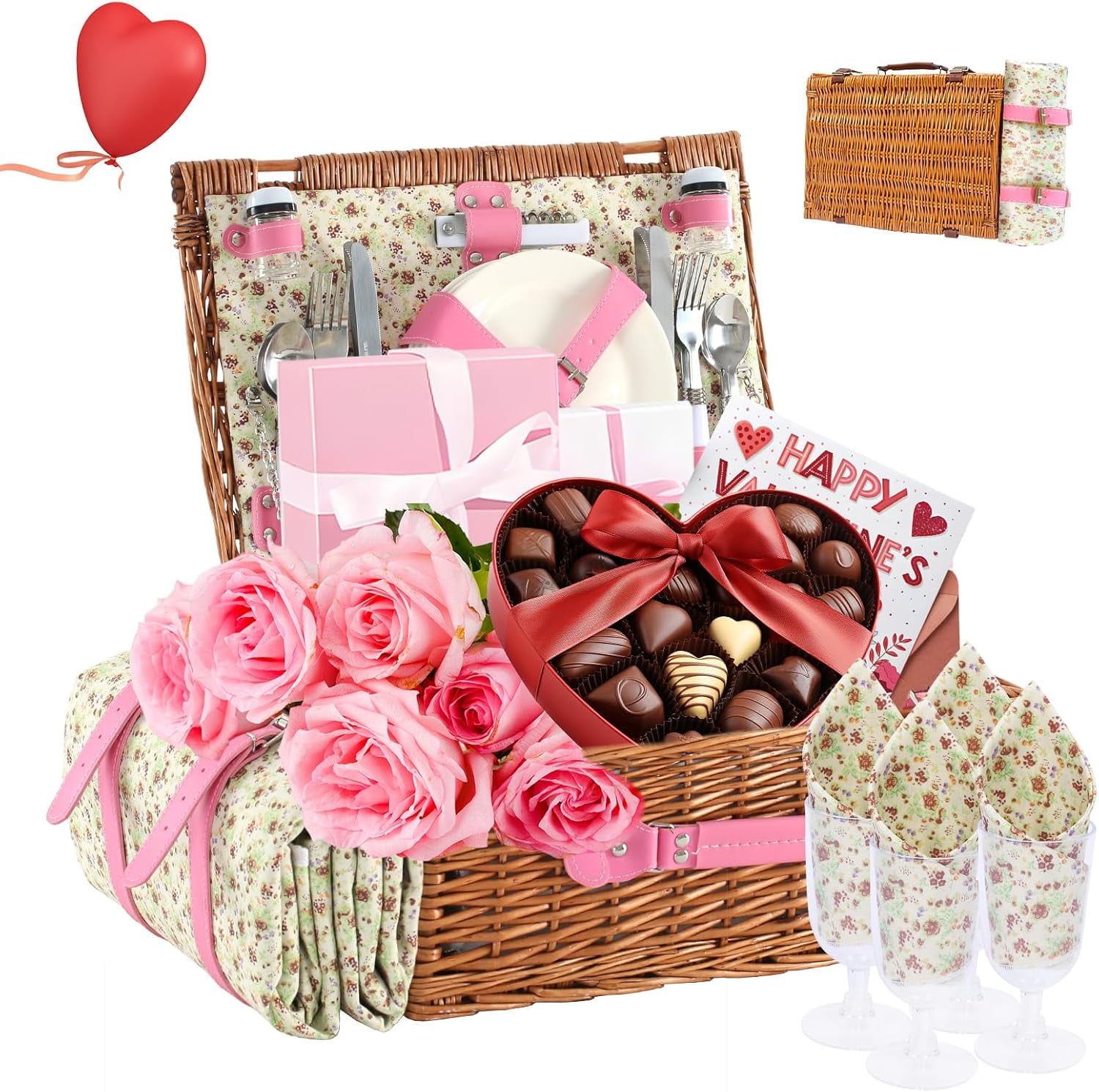 Handwoven Wicker Picnic Basket for 4 with Insulated Cooler - Valentine’s Day Luxury Set ...