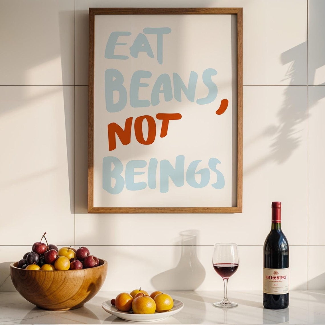 Handwritten Vegan Kitchen Poster, Maximalistic Veganism Quote Eat Beans Not Beings, Modern Red ...