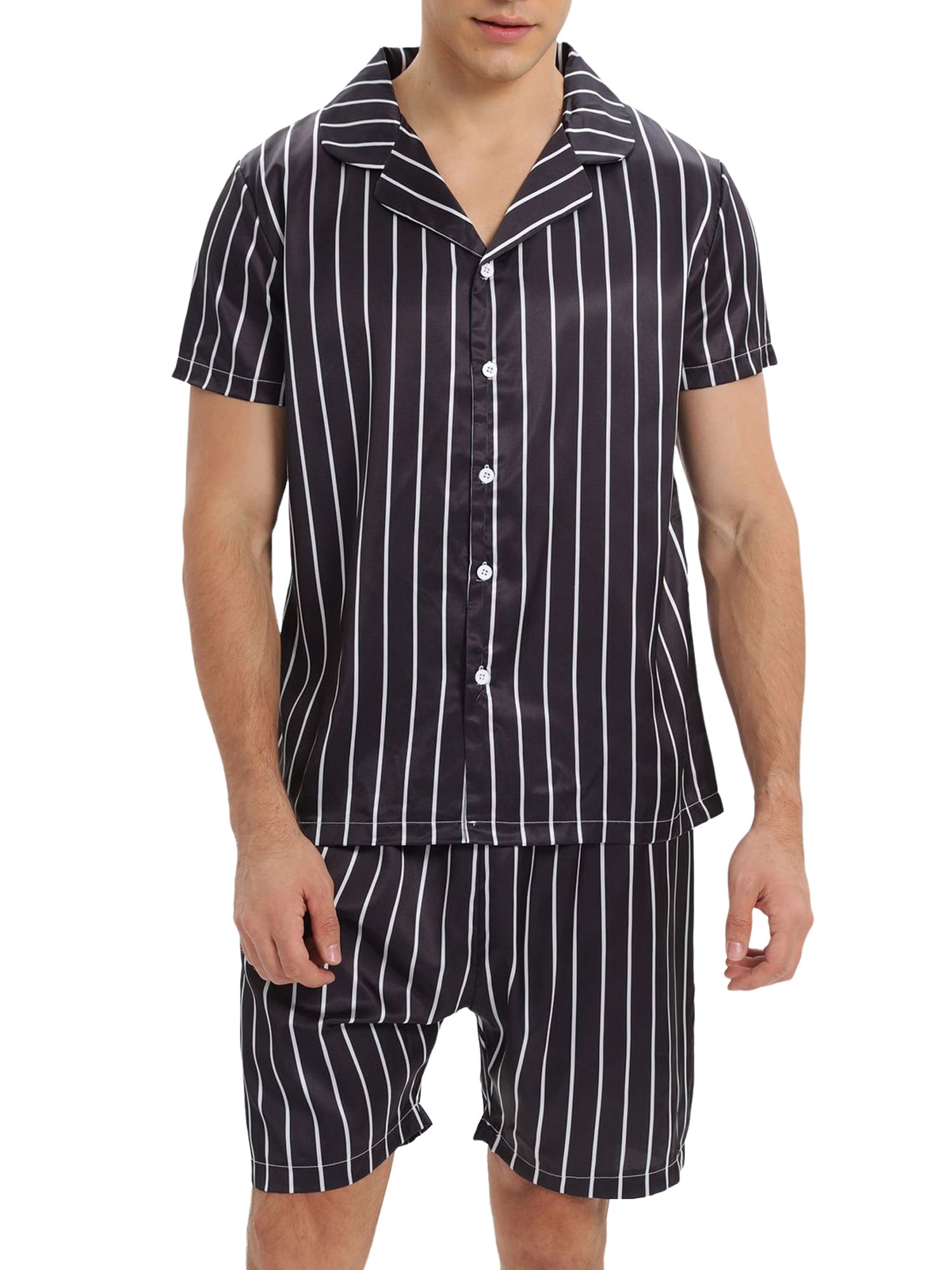 Hanerdun Mens 2PCS Satin Pajamas Pjs Set Stripe Sleepwear with Pocket ...