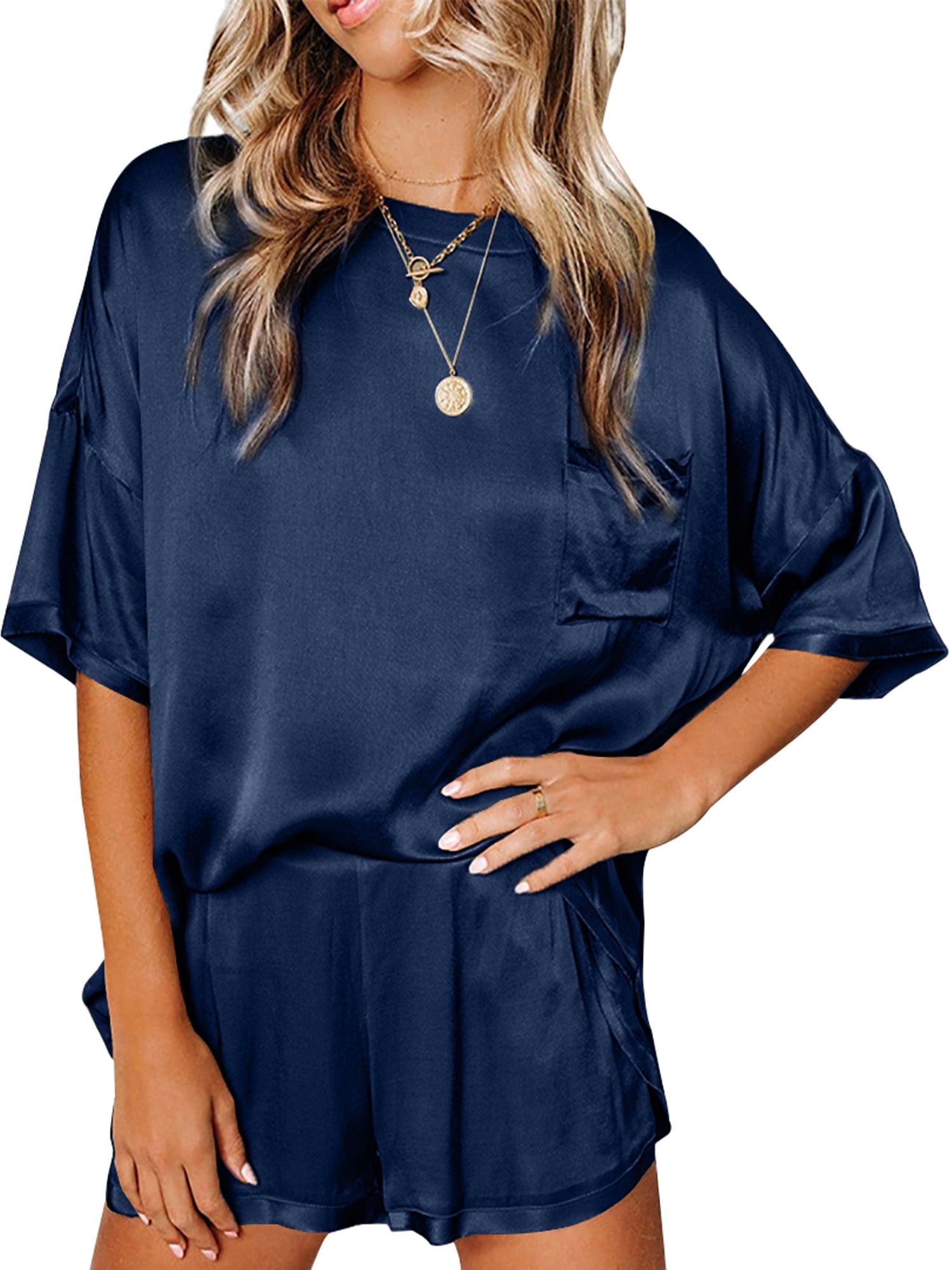 Hanerdun Women's Satin Pajamas Silk Pj Sets Short Sleeve 2 Piece Soft ...