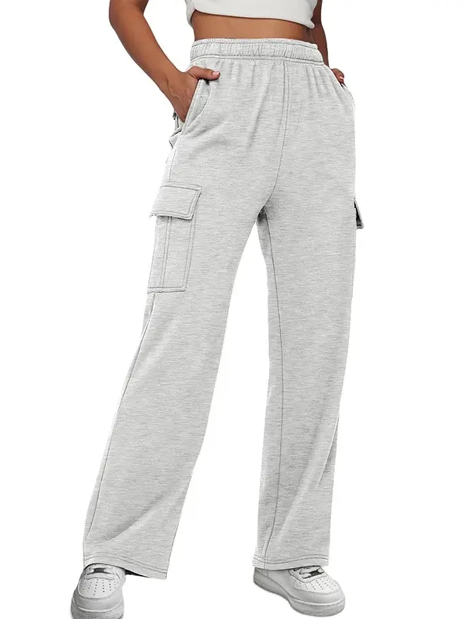 Hanerdun Women Cargo Sweatpants, Light Gray, S, Elastic Waist, 6 Pockets, Joggers, Workout ...