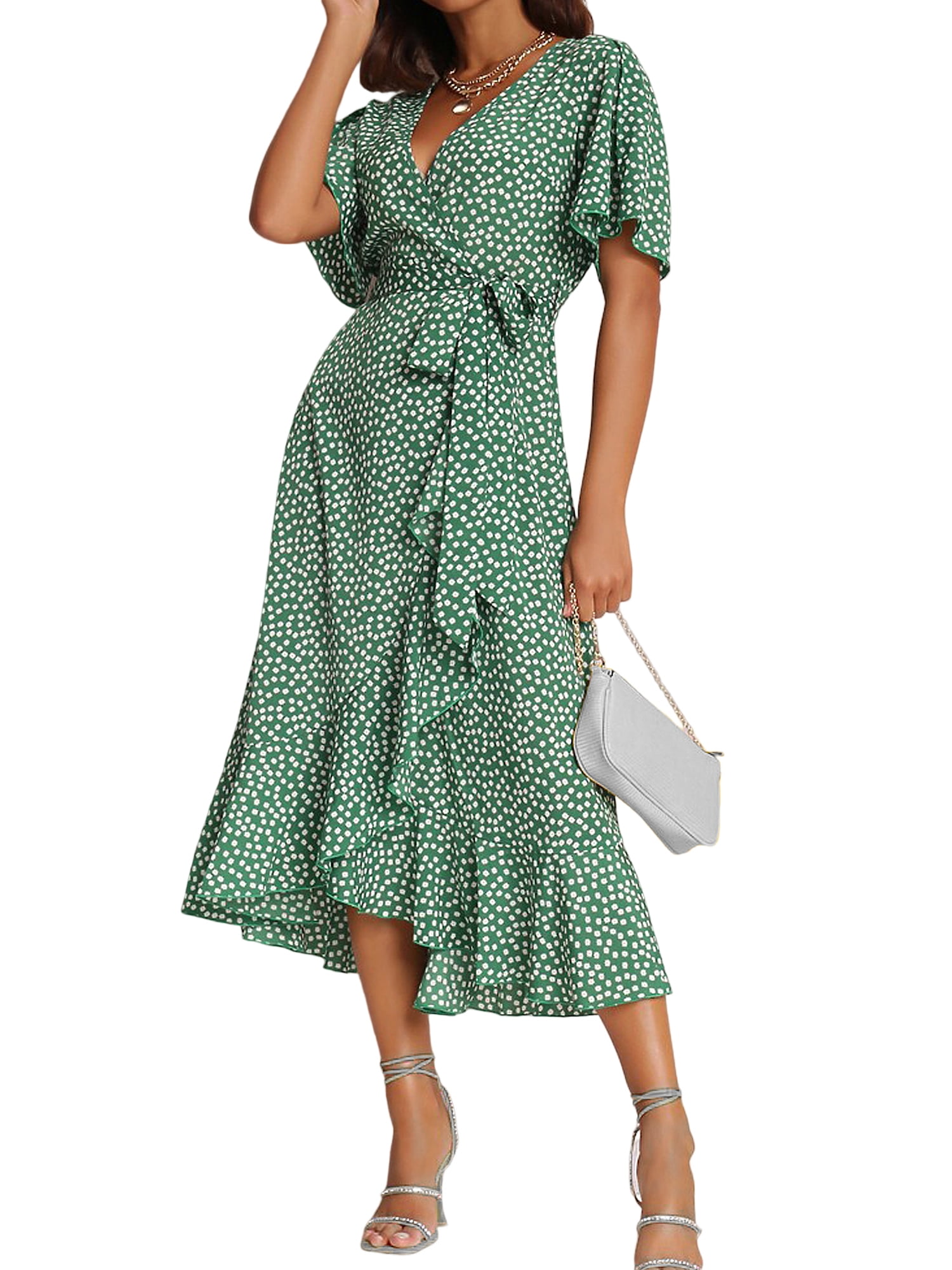 Hanerdun Women Floral Wrap Dresses Female V Neck Short Sleeve Midi ...