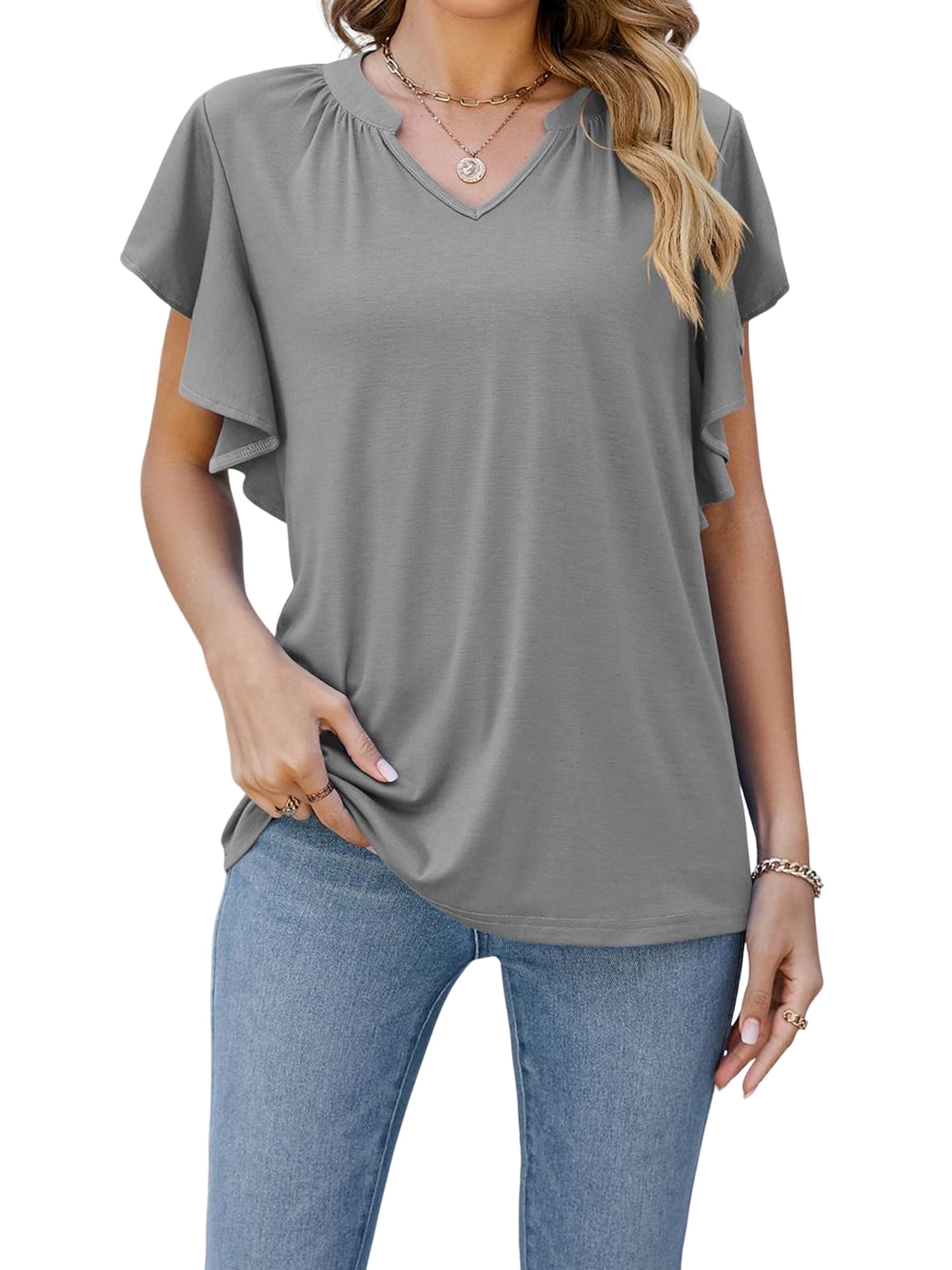 Hanerdun Women Short Sleeve Tops Female V Neck Solid Blouse Shirt Gray ...