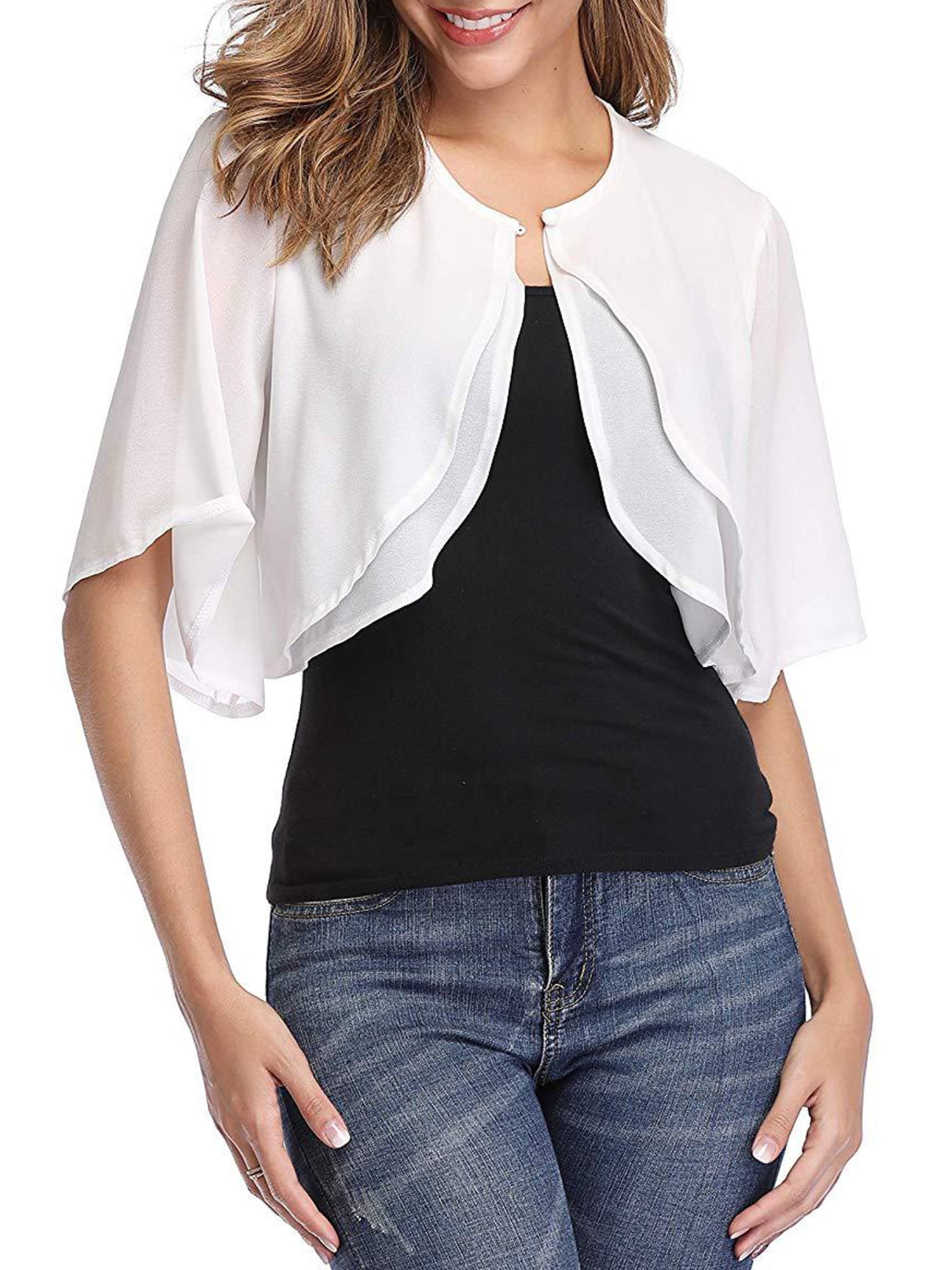 Hanerdun Womens Chiffon Cardigan 3/4 Sleeve Open Front Cropped Shrugs ...