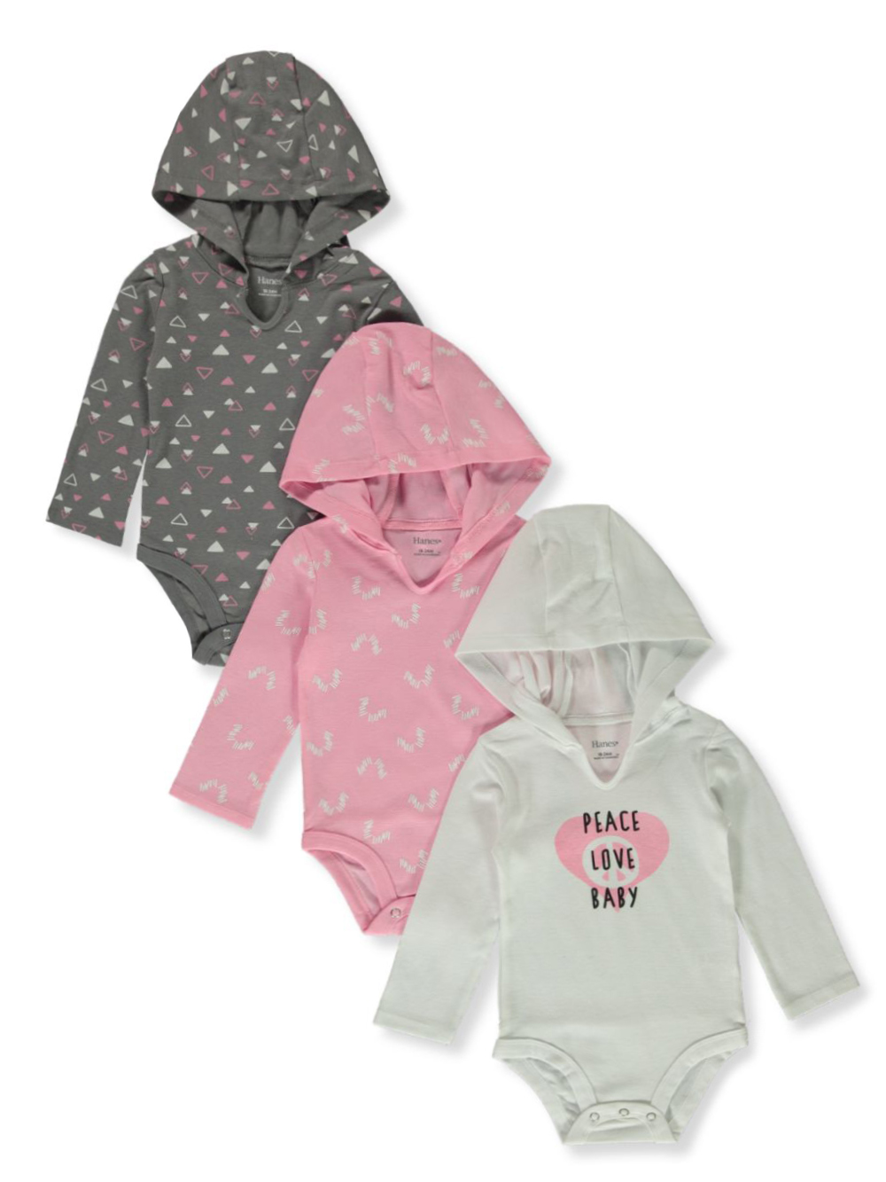 Hanes Baby 3-Pack L/S Hooded Bodysuits - pink, 0 - 6 months (Newborn ...