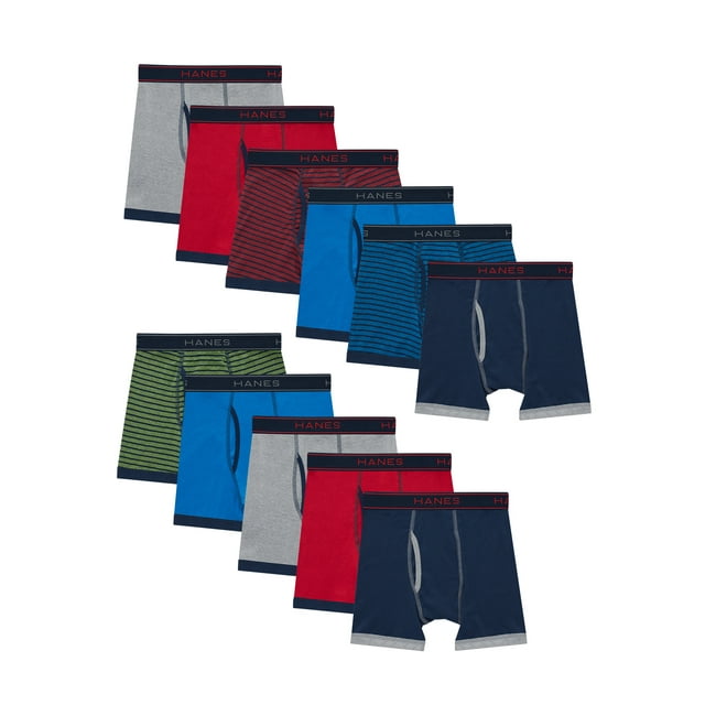 Hanes Boys' Cotton Boxer Briefs Assorted Solid Colors and Stripes, 10+1 ...