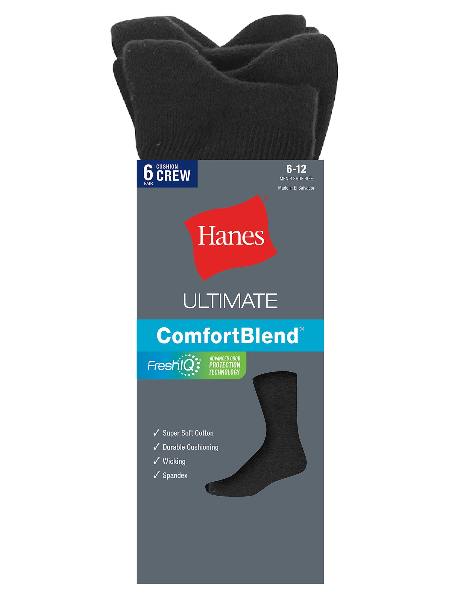 Hanes Classics Men's Crew Socks 6-Pack Black 10-13 - Walmart.com
