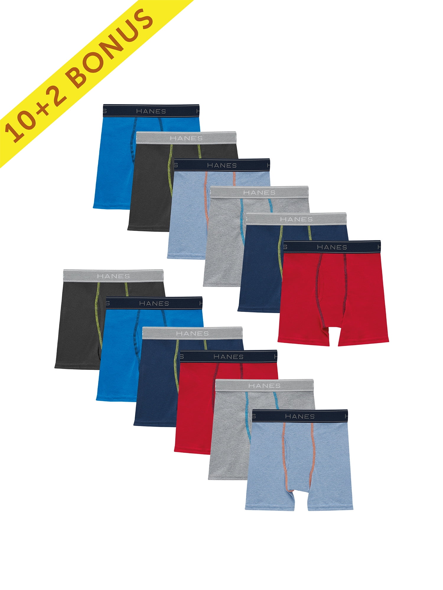 Hanes Boys' Cotton Boxer Briefs Assorted Solid Colors, 10+2 Bonus Pack ...