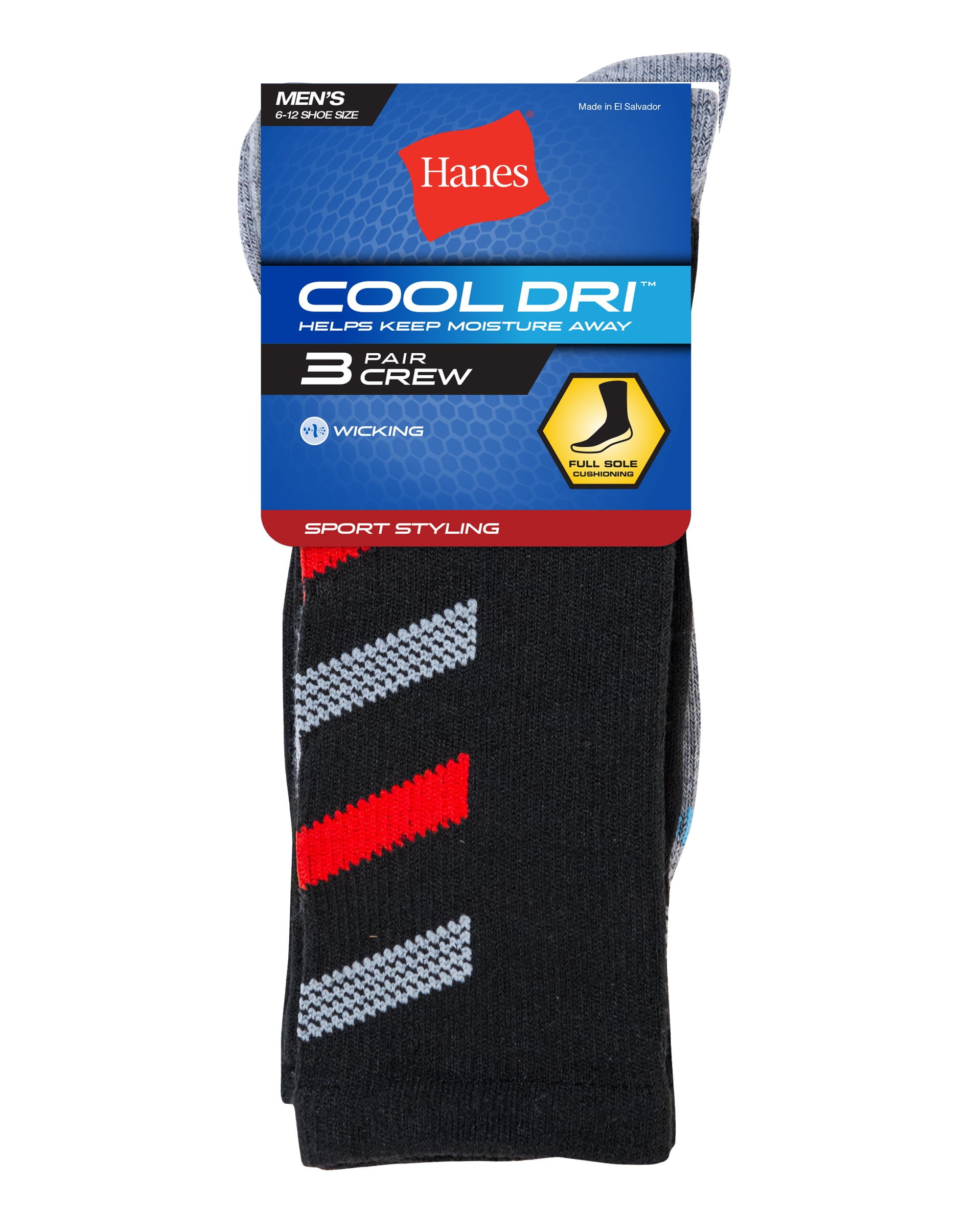 Hanes Cool DRI Men's Crew Socks with Ventilation, 3-Pairs Black 6-12 ...