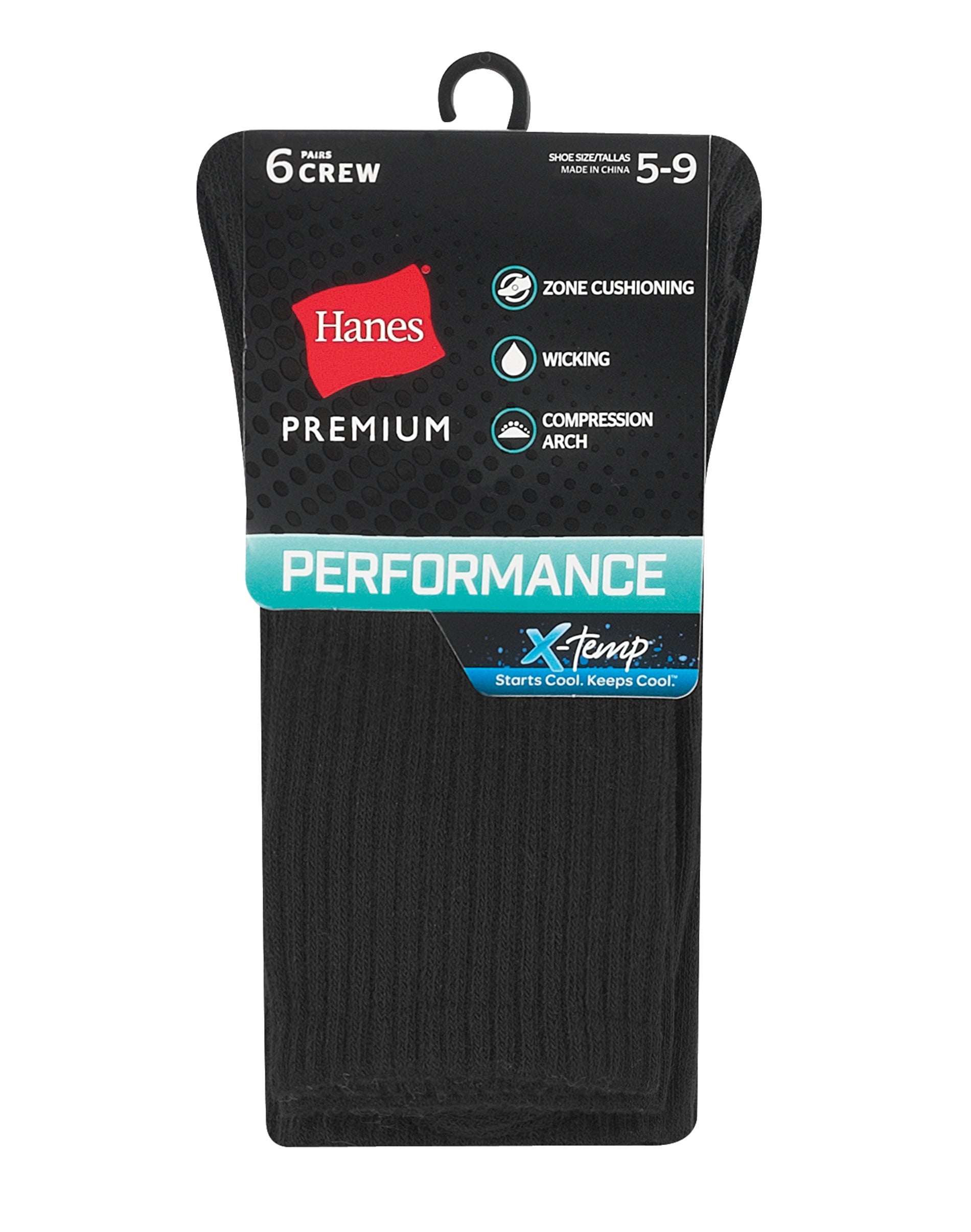 Hanes Women's Performance Cushioned Crew Socks 6-Pack, Black, Size 5-9 ...