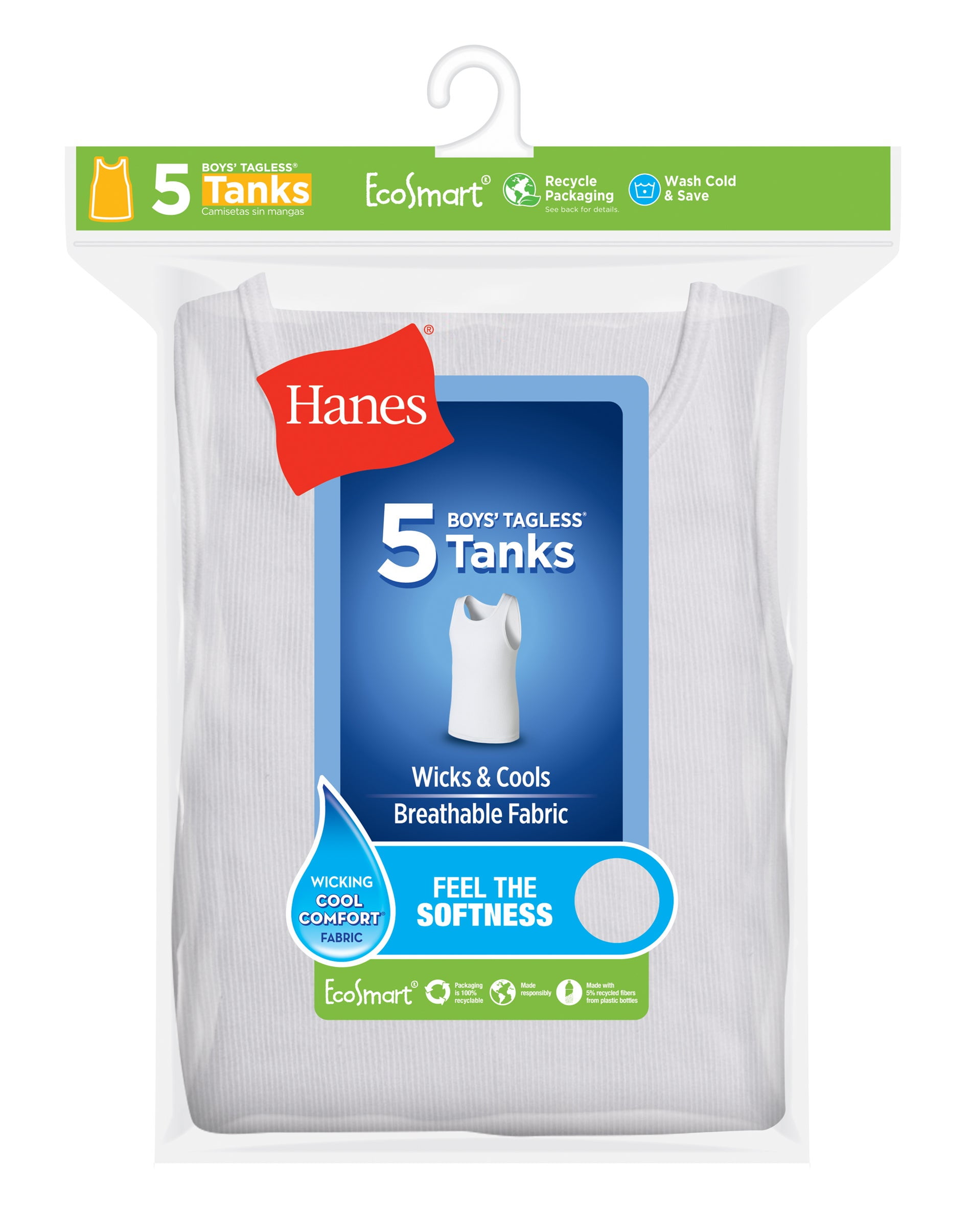 Hanes EcoSmart Boys' White Tanks, 5-Pack, All-Day Comfort, Moisture ...