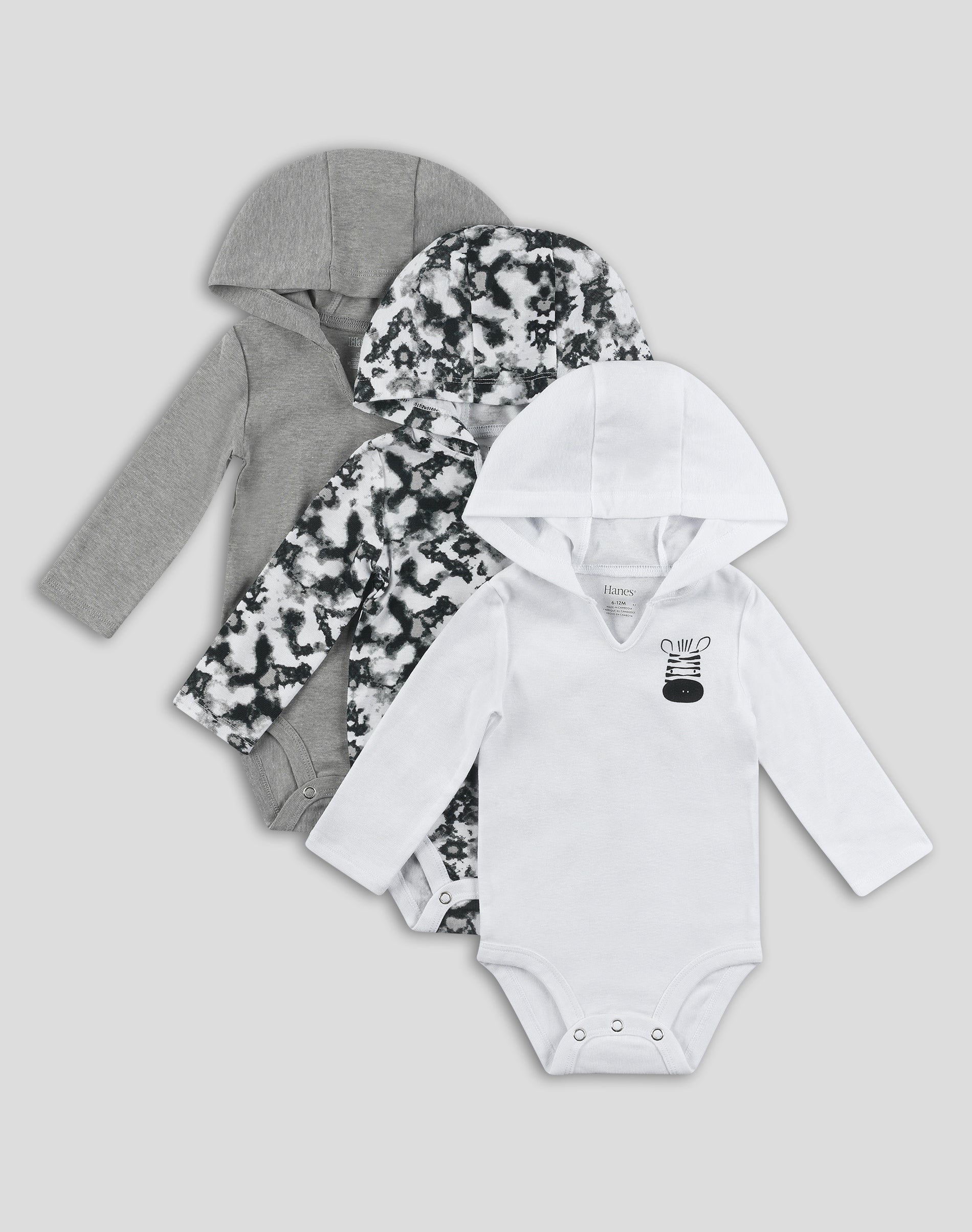 Hanes Hoodie Bodysuits 3-Pack Flexy Baby Knit Long Sleeve 4-Way Boys ...