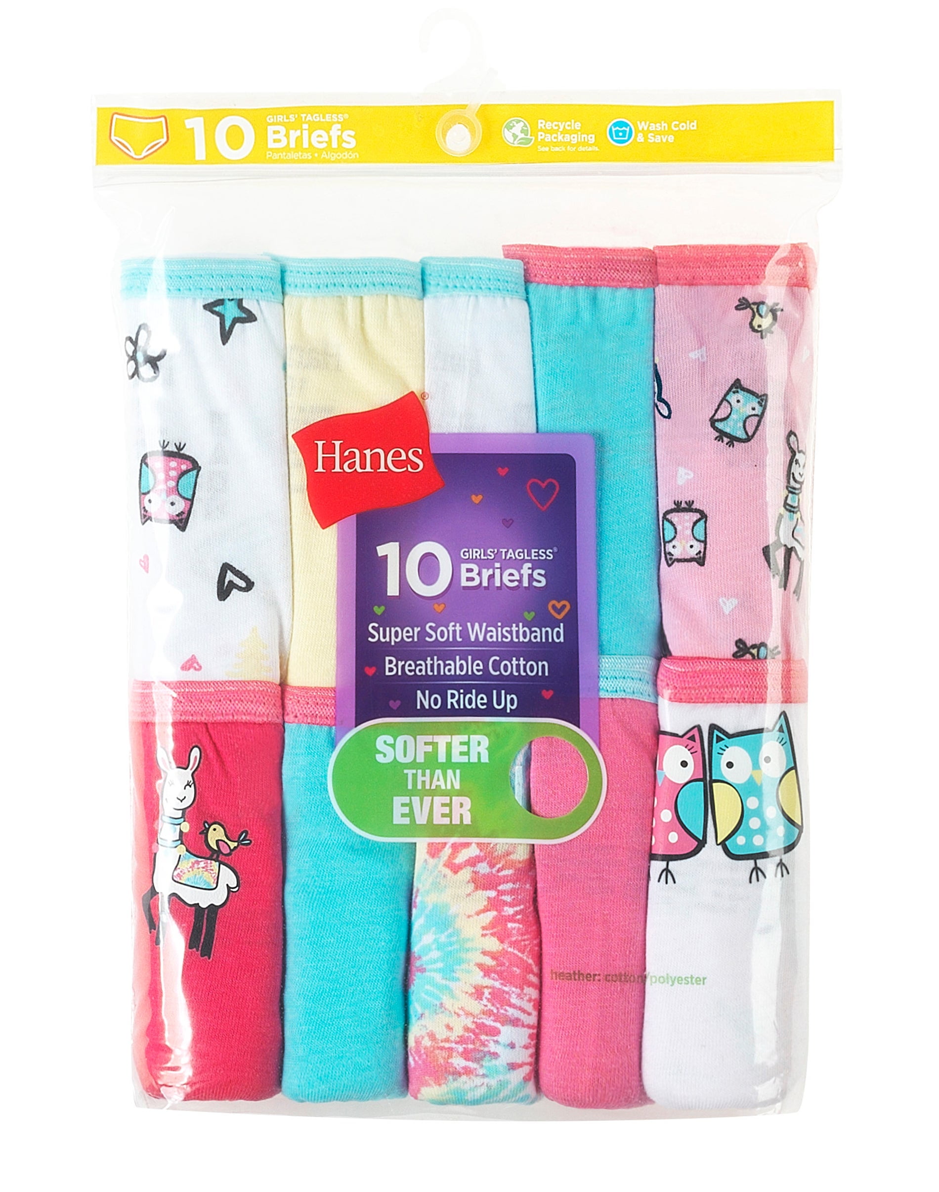 Hanes Girls' Tagless Cotton Briefs, 10-Pack, Assorted Colors and Prints ...
