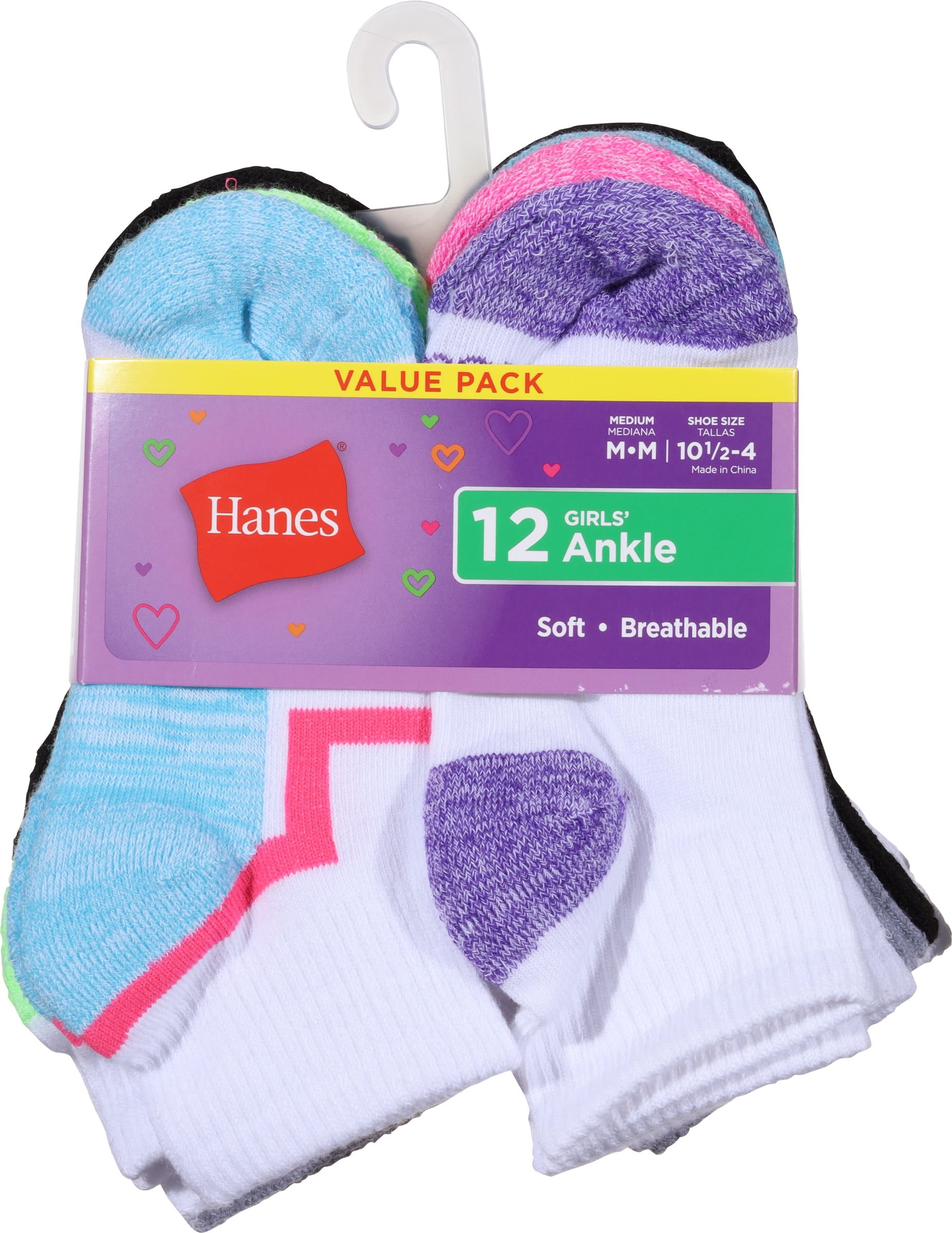 Hanes Girls' Cushioned Ankle Socks, 12 Pack, Sizes M-L - Walmart.com