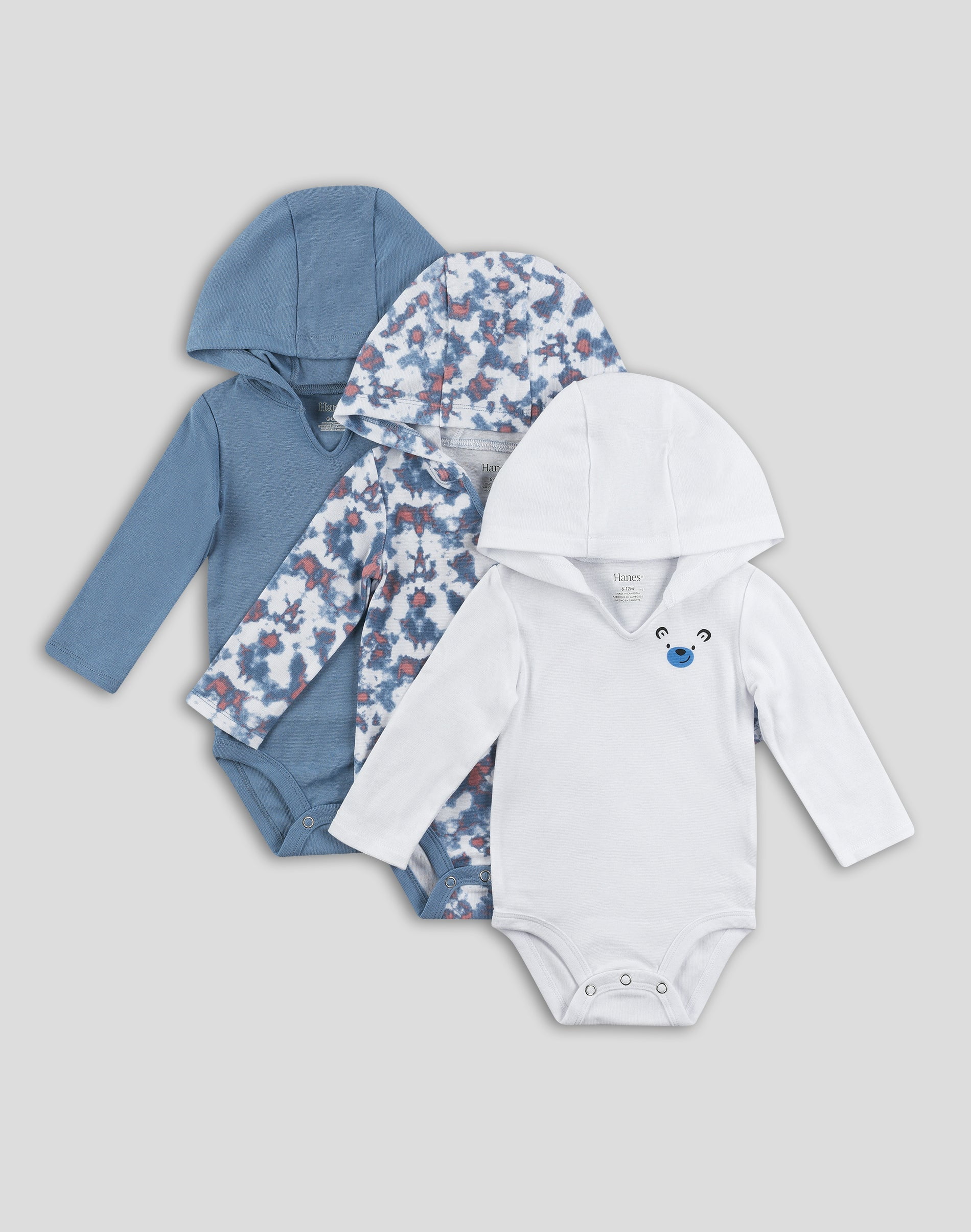 Hanes Hoodie Bodysuits 3-Pack Flexy Baby Knit Long Sleeve 4-Way Boys ...