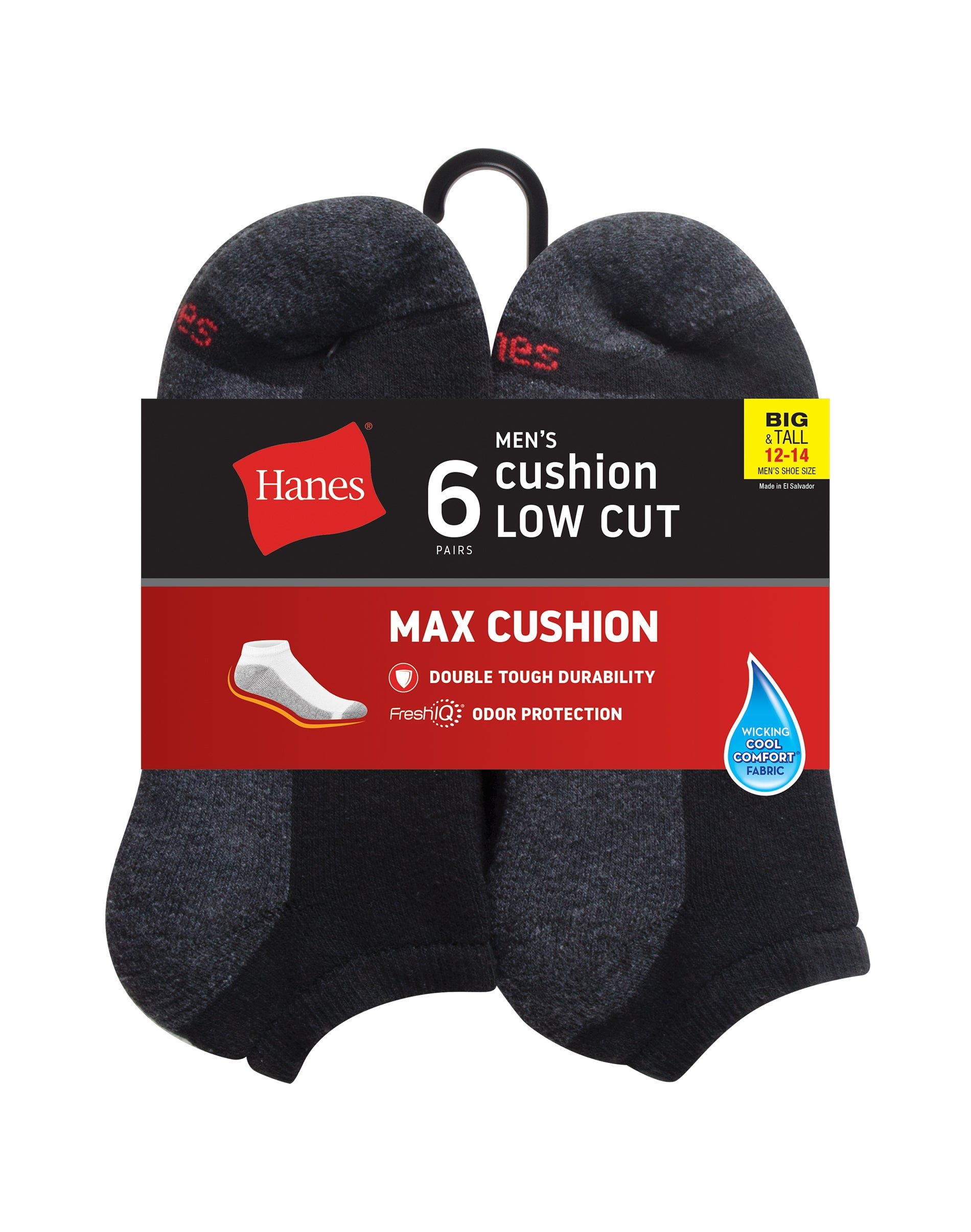 Hanes Max Cushion Double Tough Low-Cut Men's Socks, Shoe Sizes 12-14, 6 ...