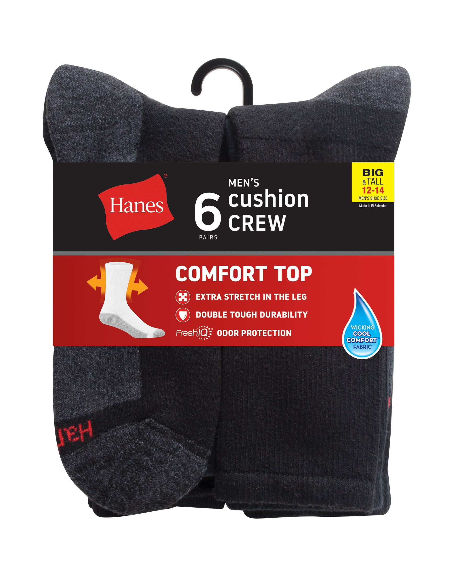 Hanes Men's Max Cushion Crew Socks 6-Pack, Big & Tall, Wicking Cool ...