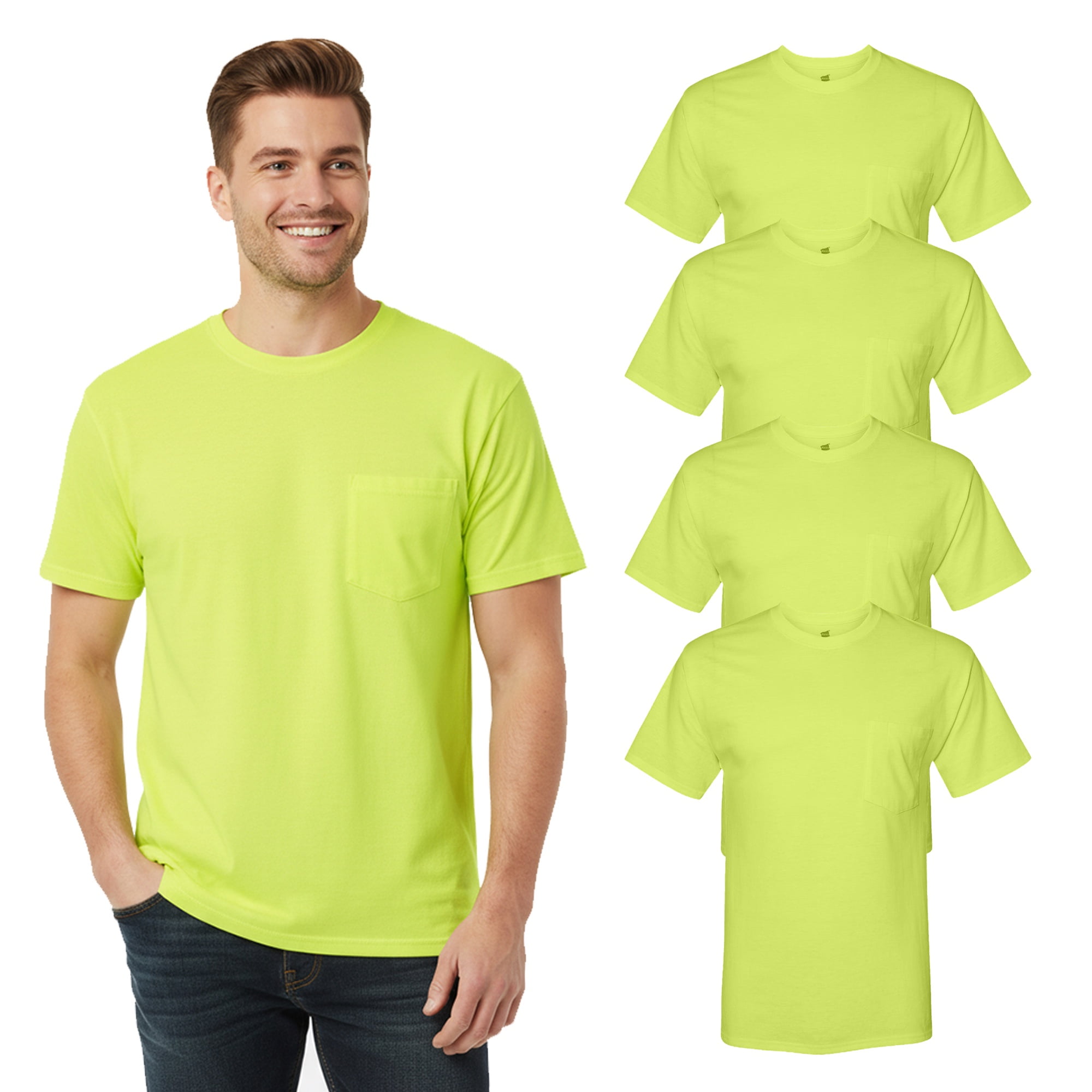 Hanes Men's Hi-Vis Workwear Pocket T-Shirt, Durable Short Sleeve Work ...