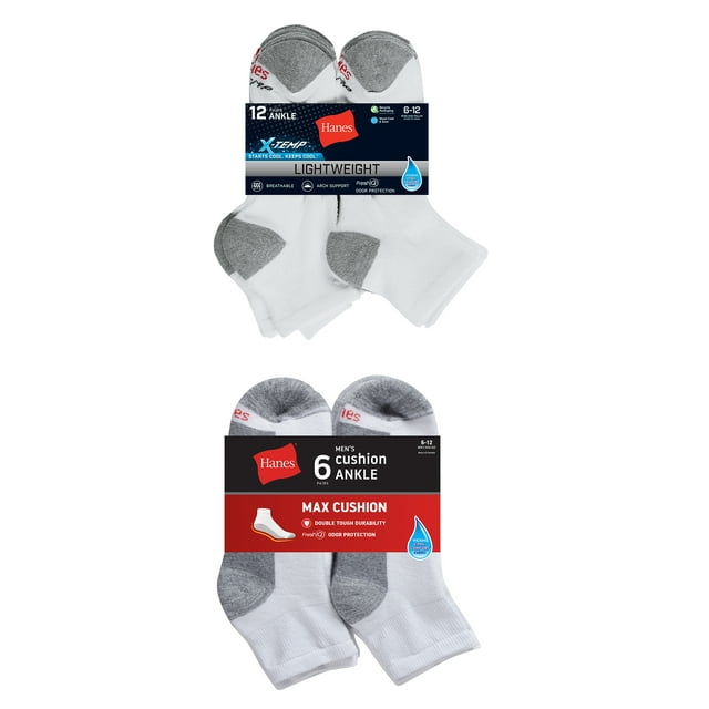 Hanes Men’s Max Cushion and X-Temp Lightweight Ankle Socks,12-Pack ...