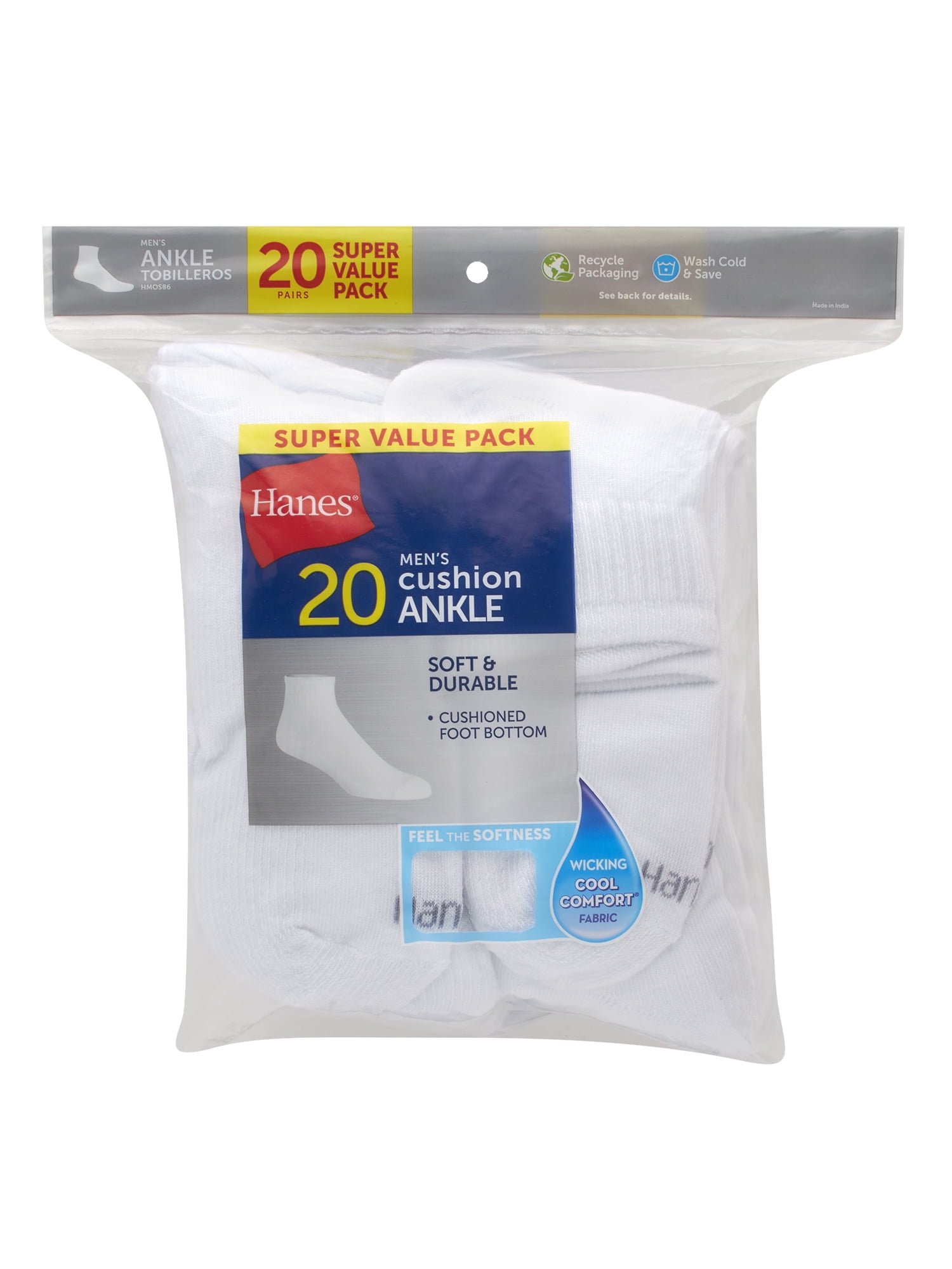 Hanes Men's 20 Pairs Moisture-Wicking Ankle Socks- White - Walmart ...