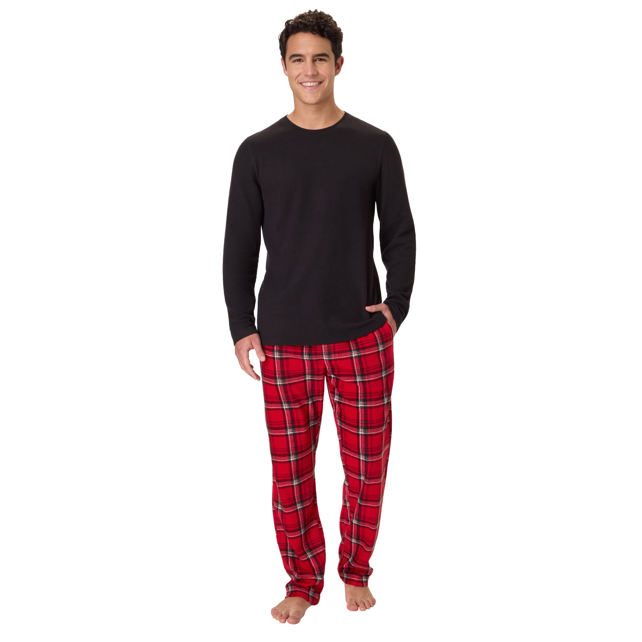 Hanes Men's Micro Fleece Sleep Set, Thermal Top with Plaid Printed ...