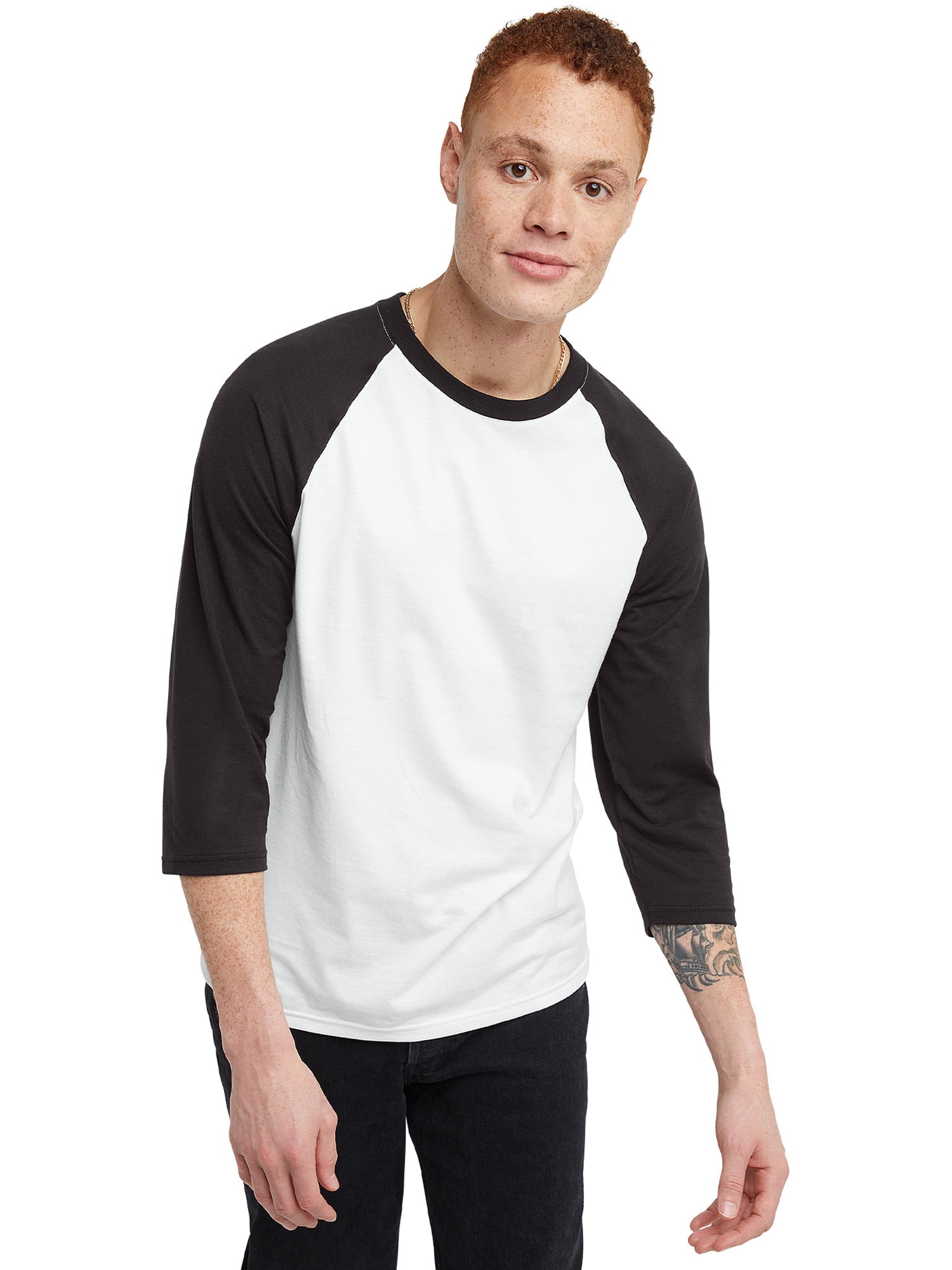 Hanes Originals Men's Cotton Baseball T-Shirt, ¾ Sleeve White/Black 2XL ...