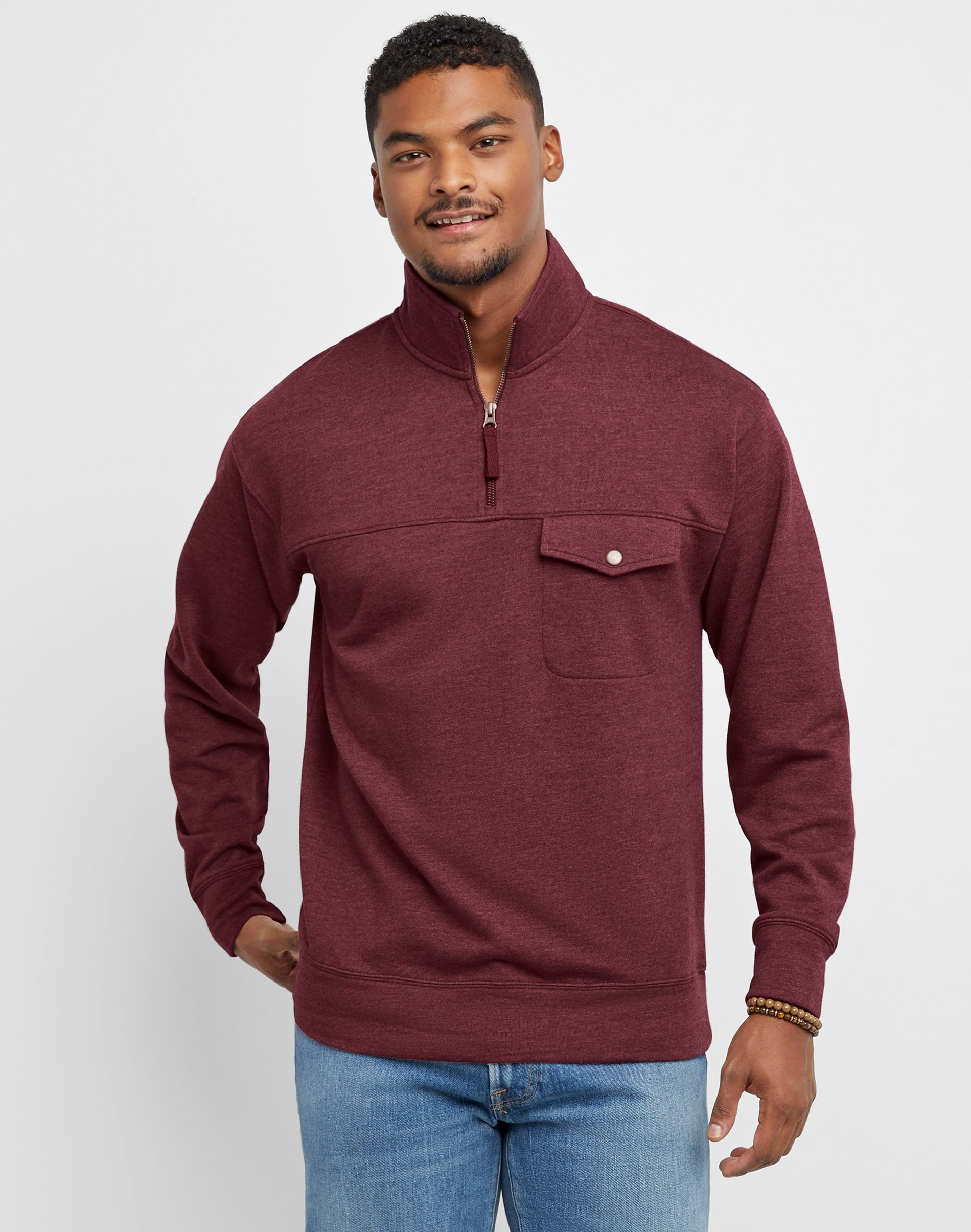 Hanes Originals Men's French Terry Quarter Zip Pullover Mulled Berry Heather L - Walmart.com