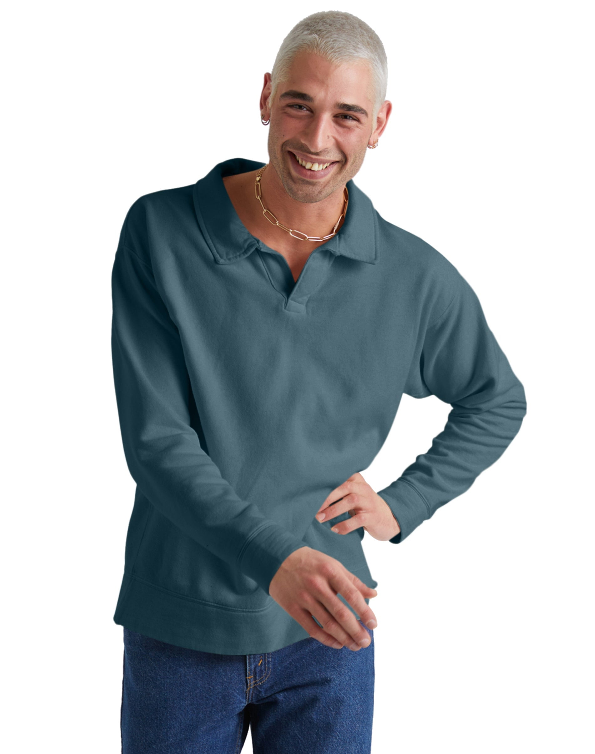 Hanes Men's Garment Dyed Fleece Polo Metallic Teal S - Walmart.com