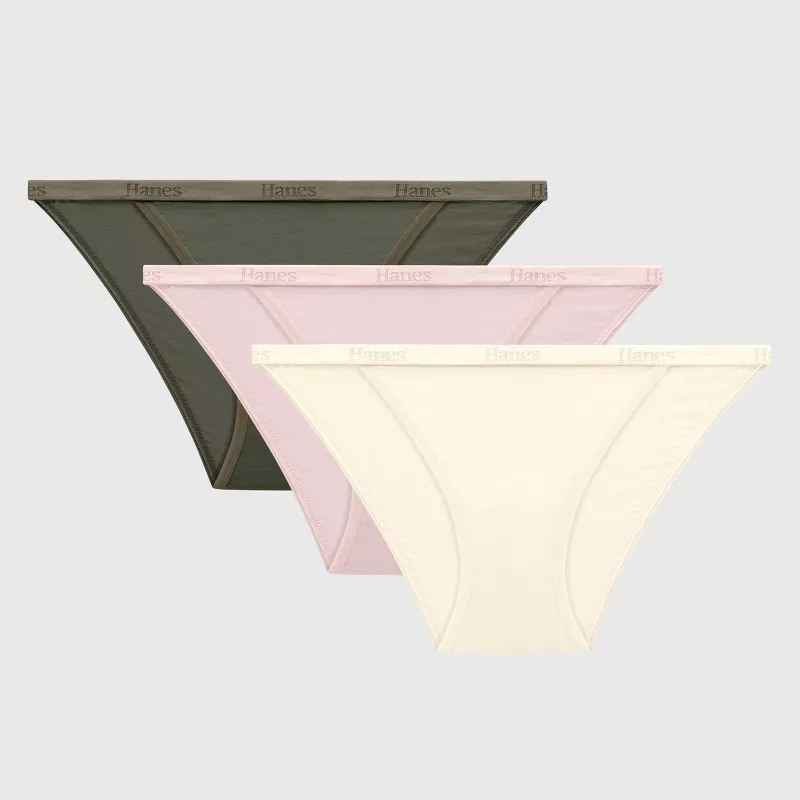 Hanes Originals Womens 3pk Supersoft Low Rise String Bikini Underwear White Olive Pink