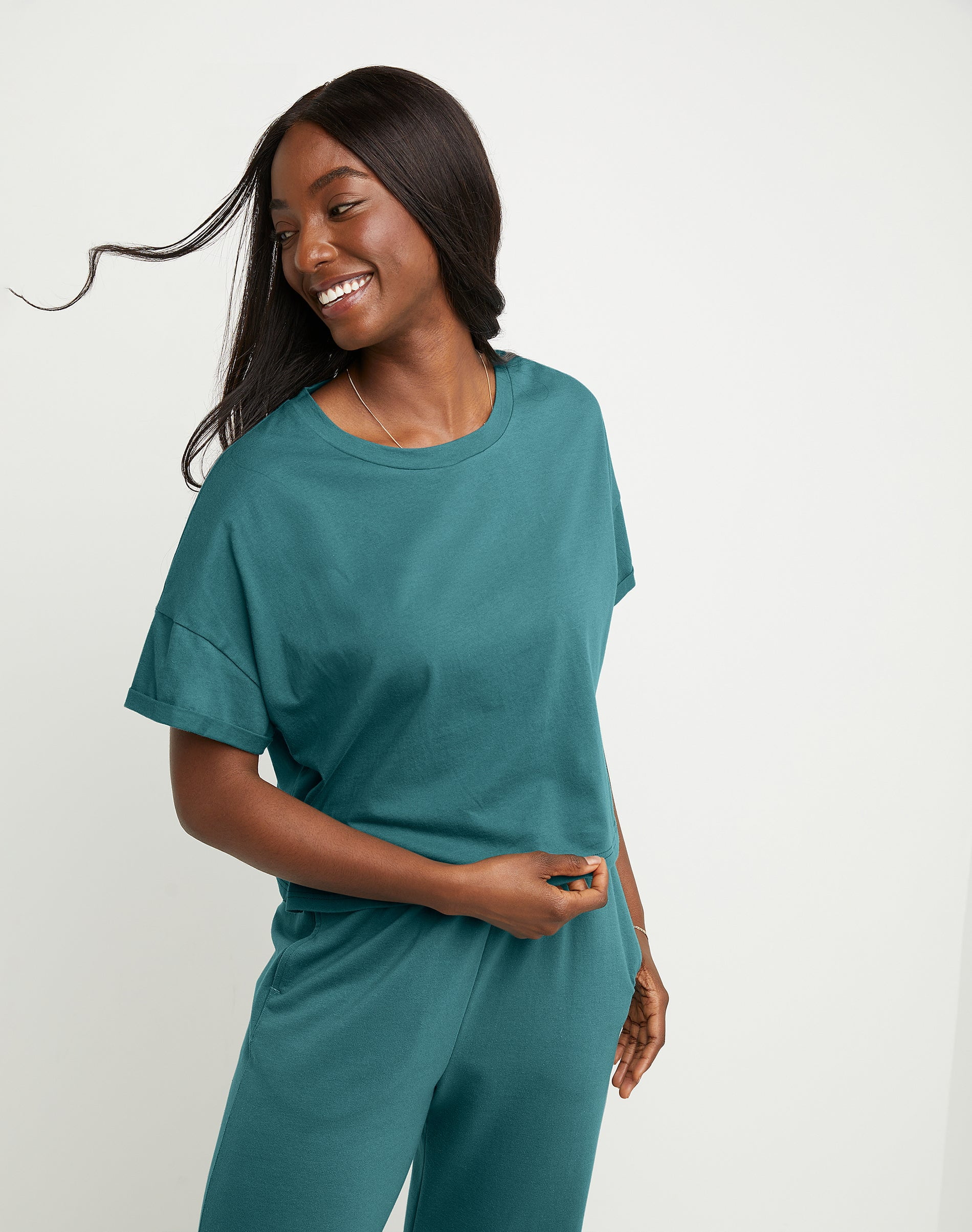 Hanes Originals Women's Cotton Boxy T-Shirt, Rolled Short Sleeves ...