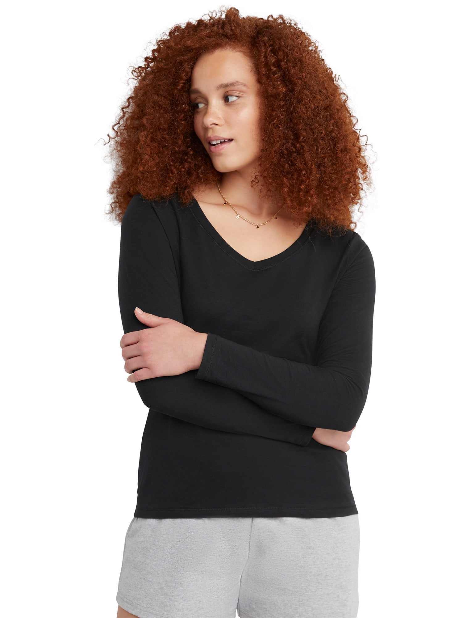 Hanes Originals Women's Cotton V-Neck Tee with Long Sleeves, Sizes XS ...