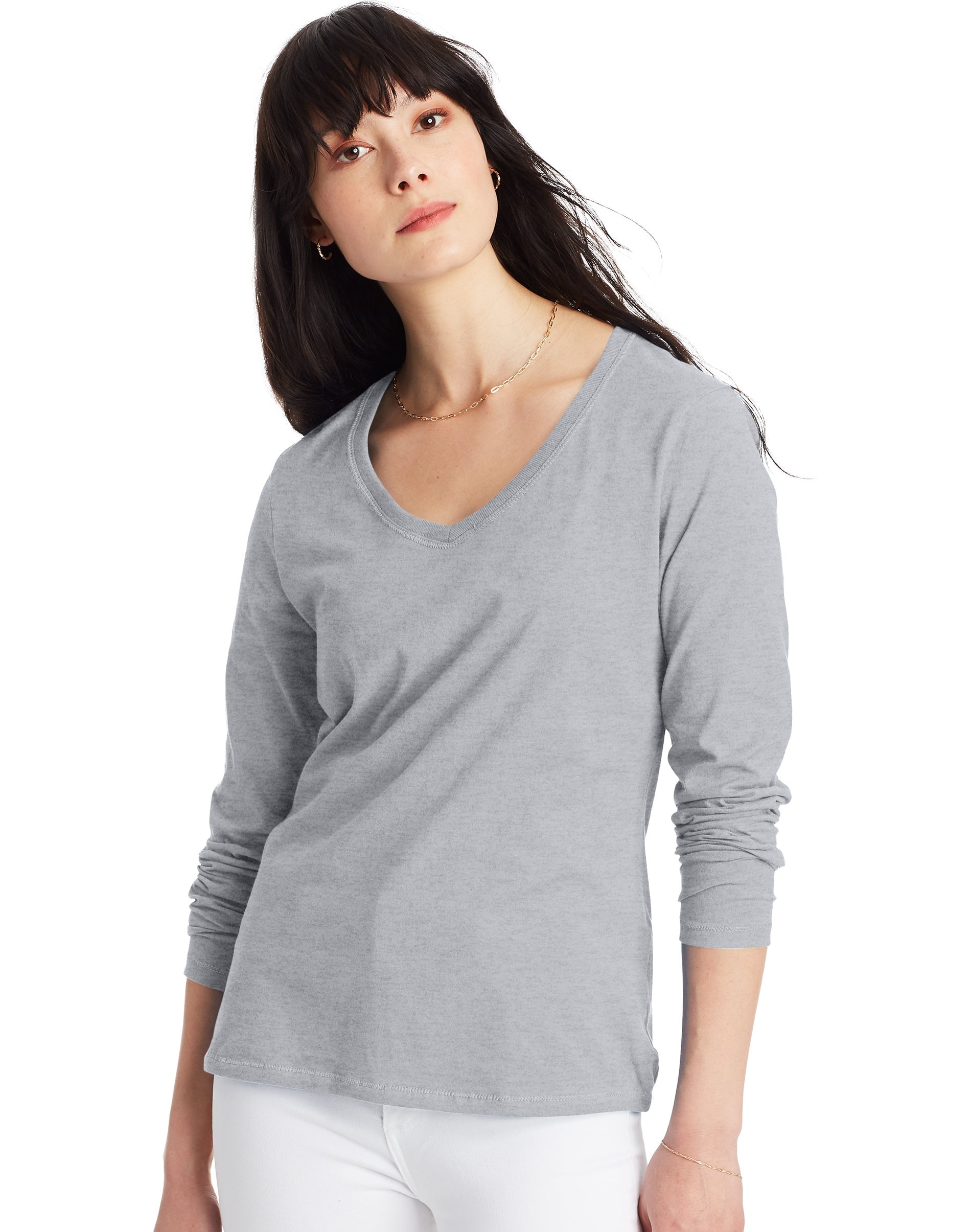 Hanes Originals Women's Modern Fit Cotton V-Neck Long Sleeve Tee, Sizes ...
