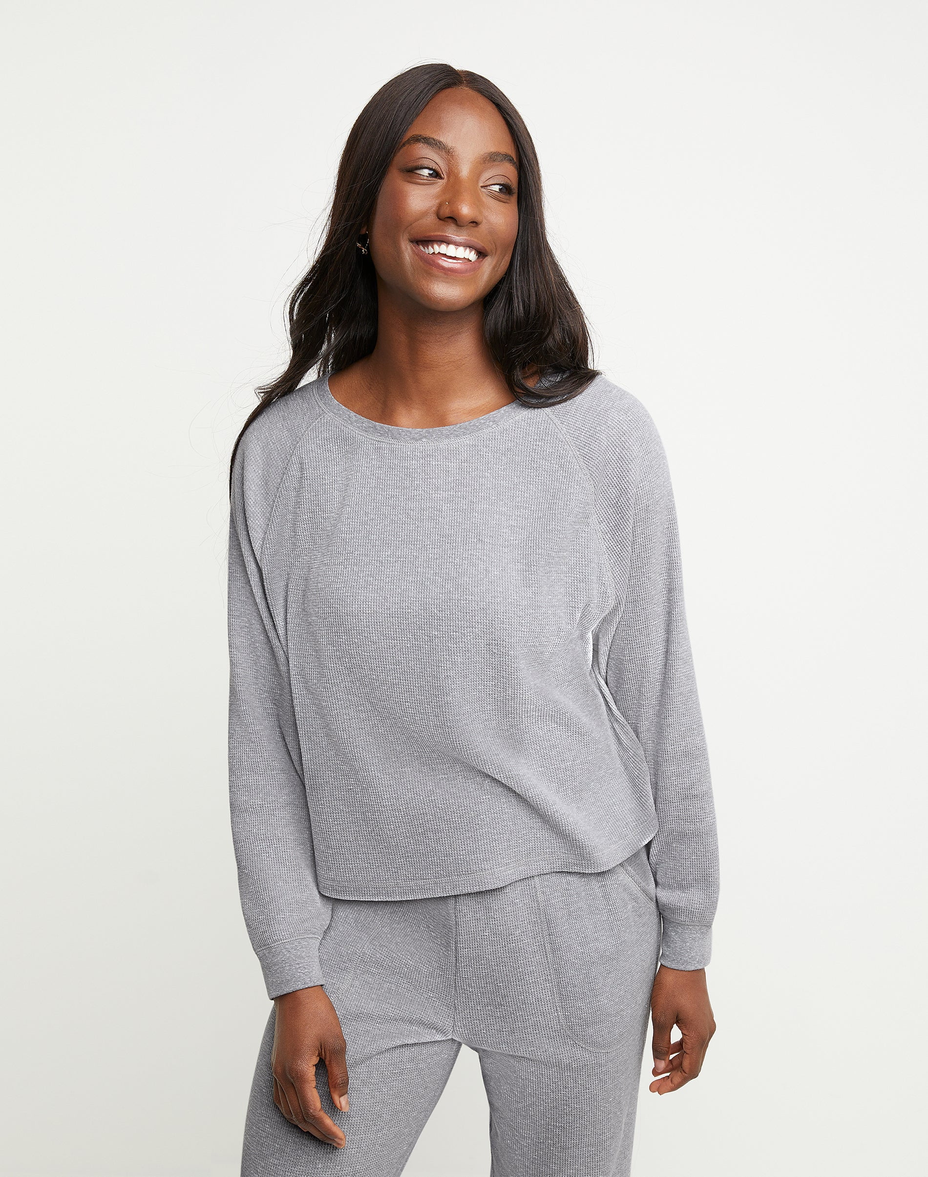 Hanes Originals Women's Waffle Long Sleeve Lounge Top Concrete Marled ...
