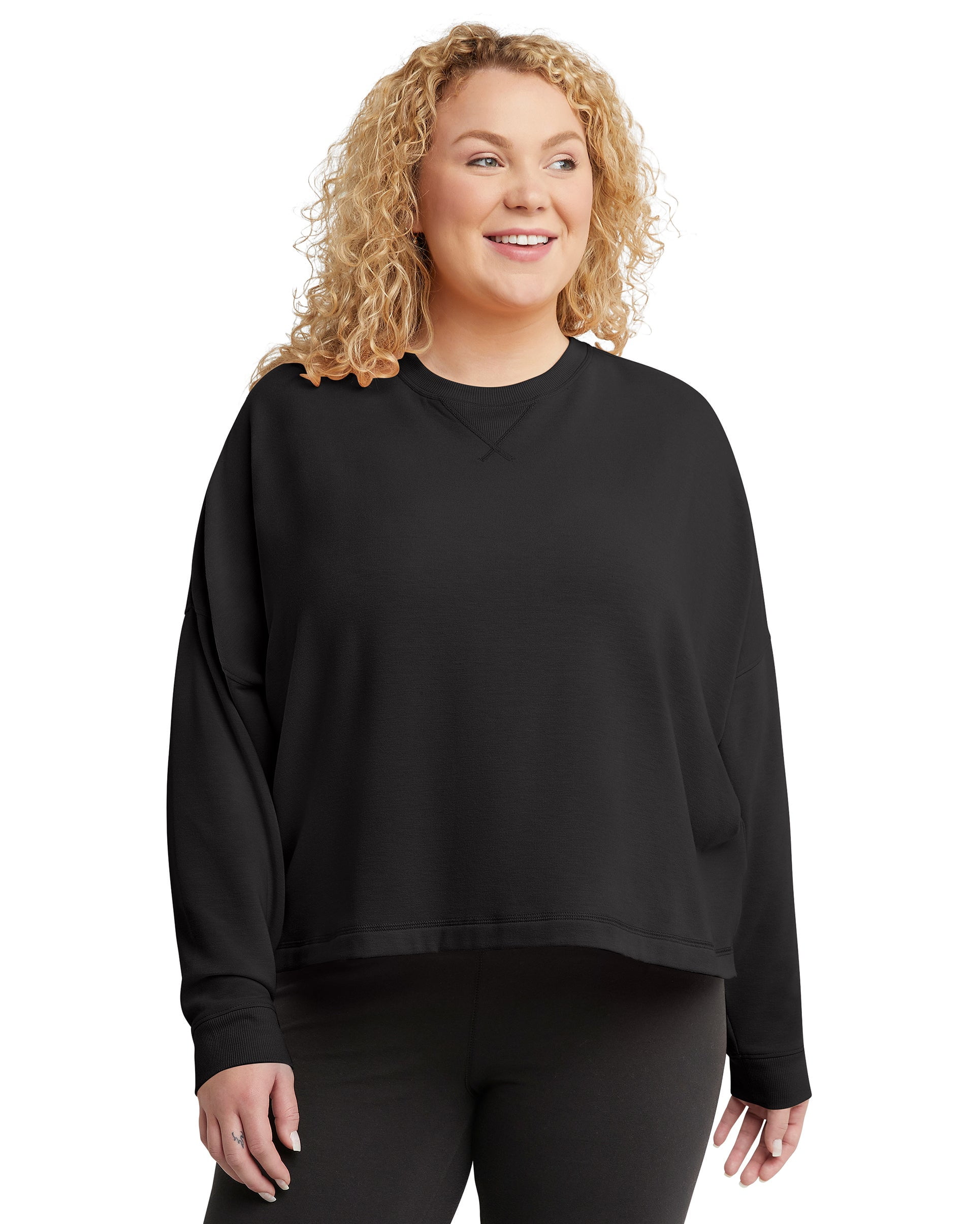Hanes Originals Women's Soft Brushed Crop Sweatshirt (Plus Size) Black ...