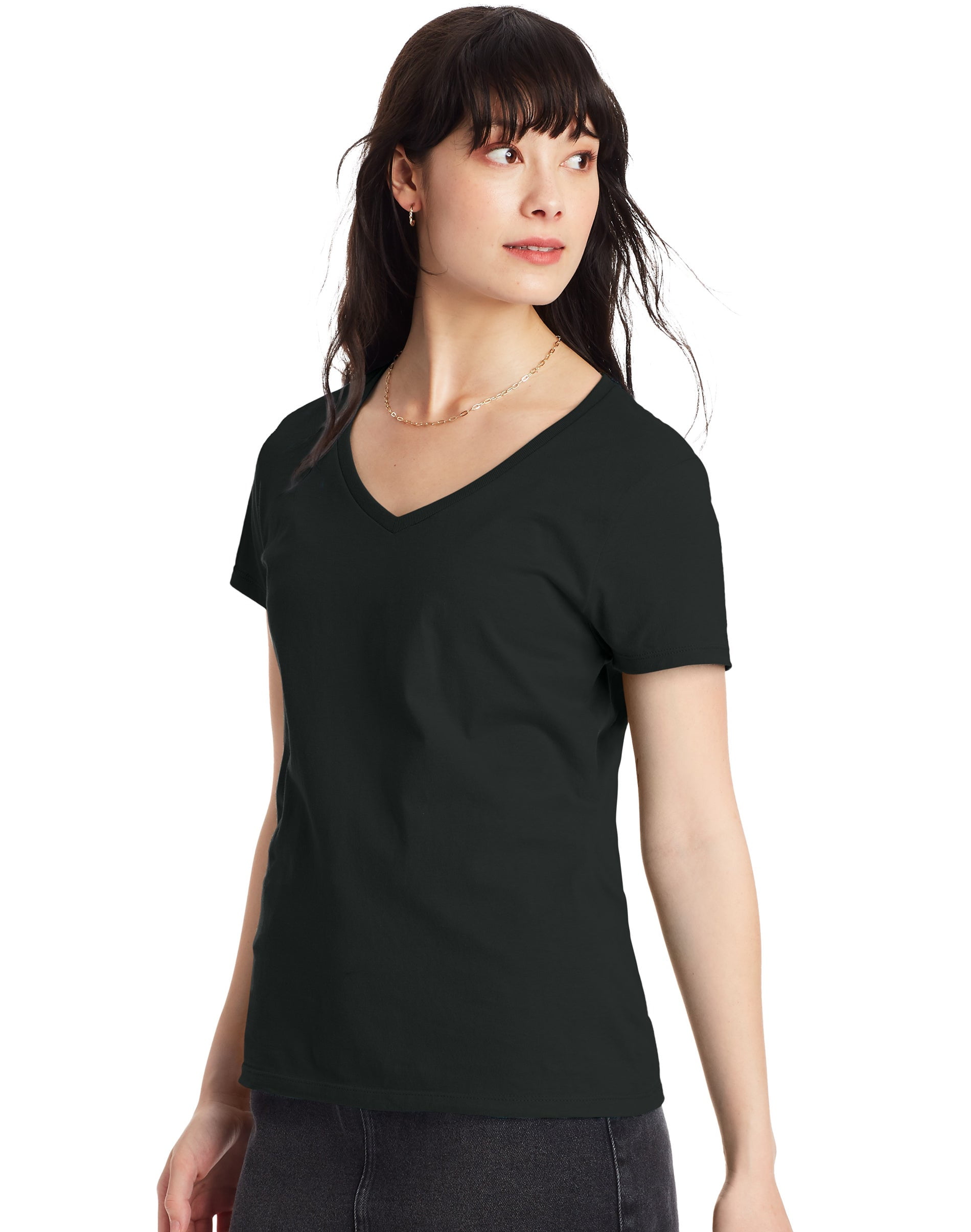 Hanes Perfect-T Women's V-Neck Cotton T-Shirt, Value 2-Pack Black XL ...