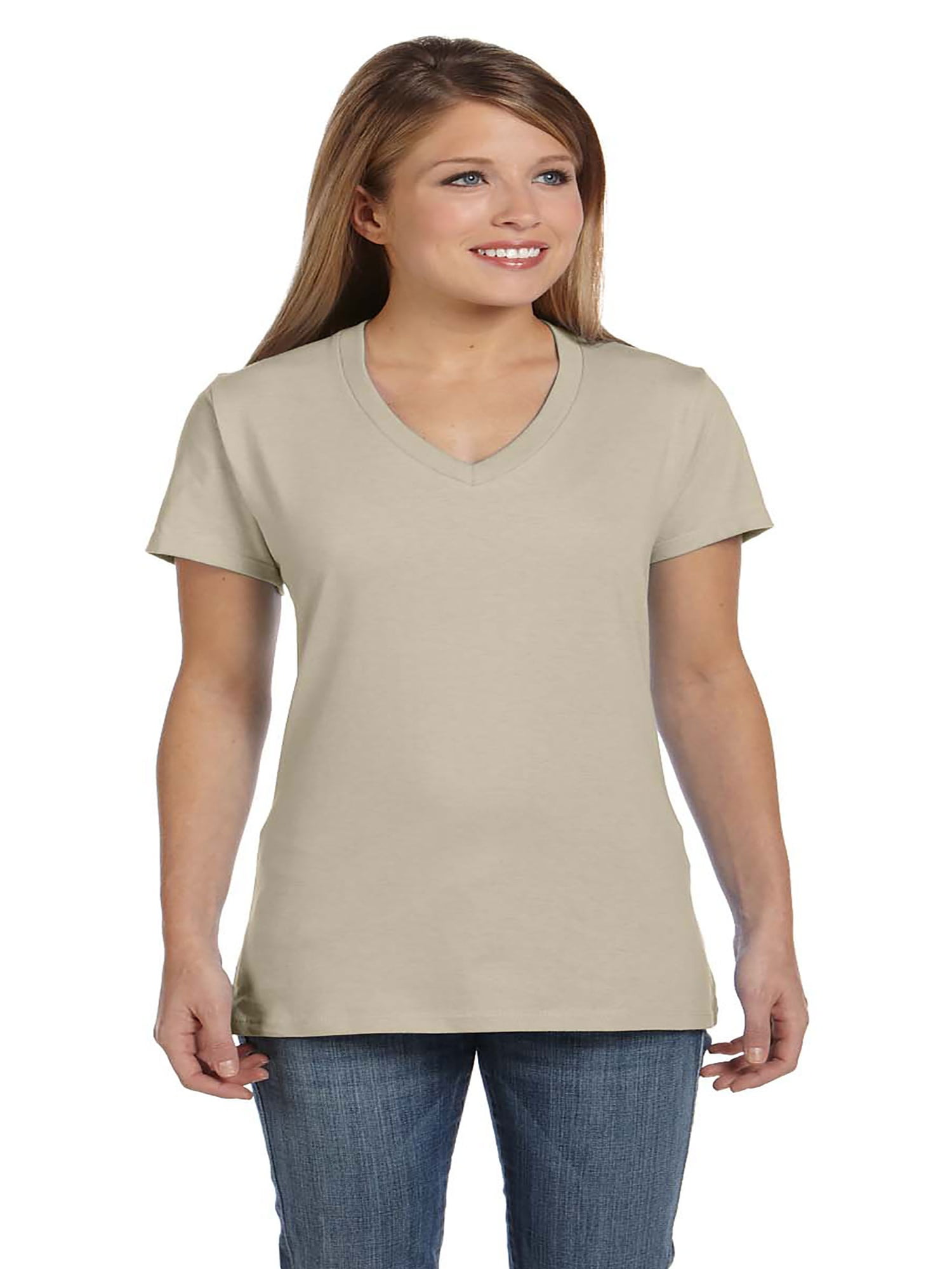Hanes - Perfect-T Women’s V-Neck T-Shirt - S04V, XS, Vintage Khaki ...