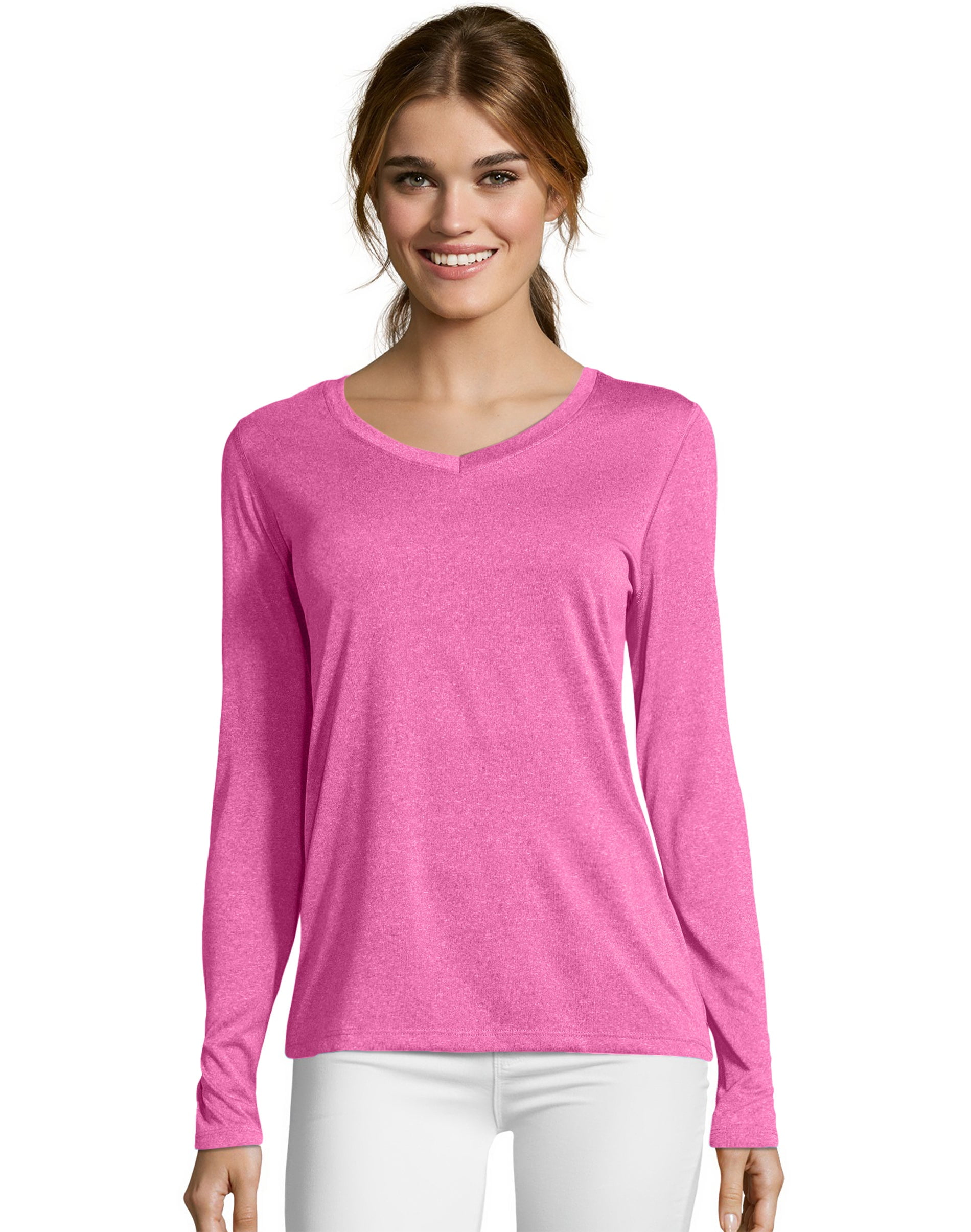 Hanes Sport Cool DRI Women's Performance Long Sleeve V-Neck T-Shirt Amaranth Heather M - Walmart.com
