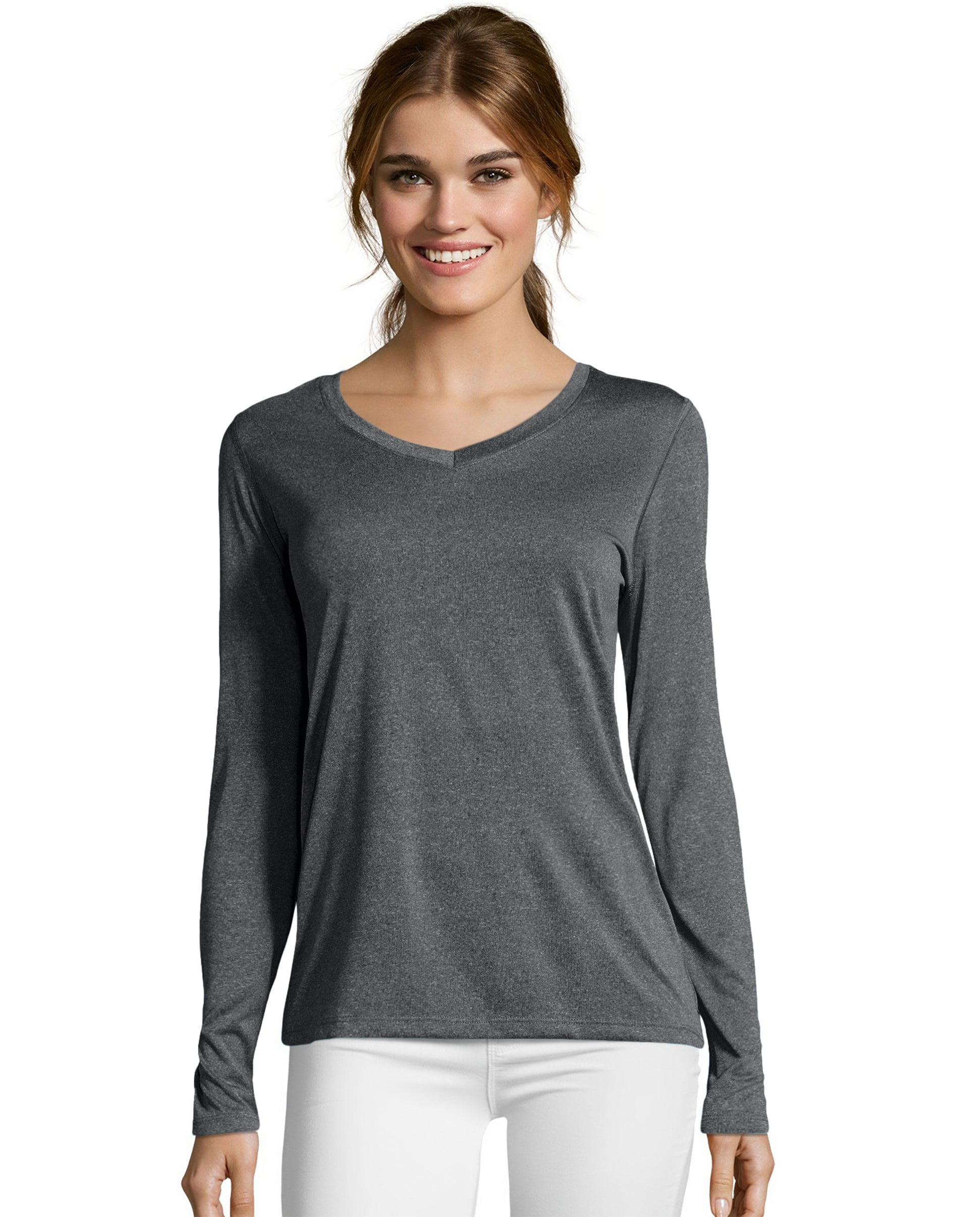 Hanes Sport Cool DRI Women's Performance Long Sleeve V-Neck T-Shirt ...