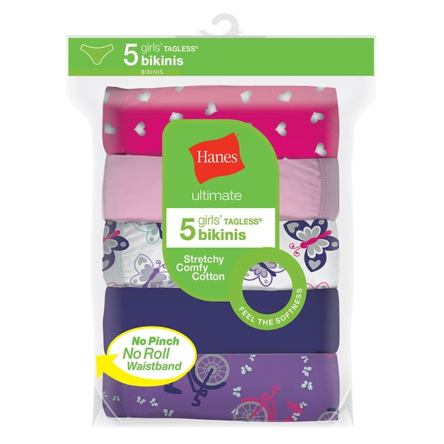 Hanes 5 Pack Girls Underwear Bikinis Cotton Stretch Ultimate No Ride Up