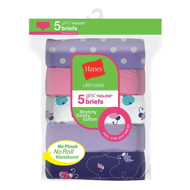 Hanes Ultimate Girls Briefs 5 Pack Underwear Stretchy Comfy Cotton Tag