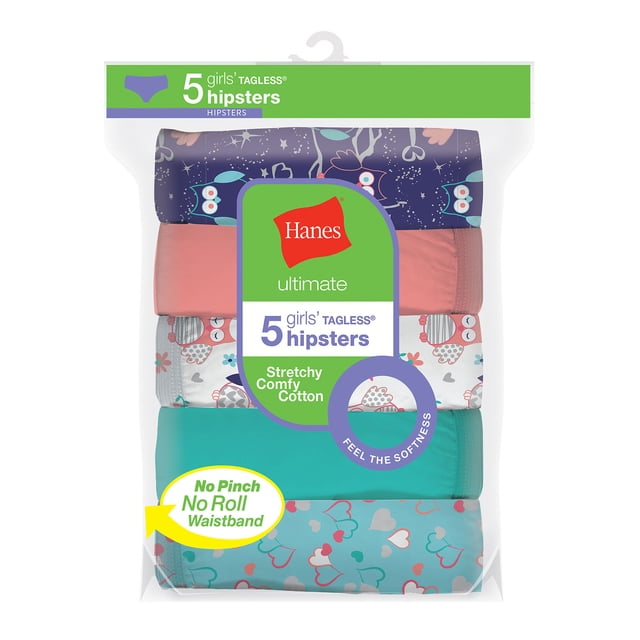 Hanes Ultimate Girls Underwear 5 Pack Hipsters Cut Cotton Stretch