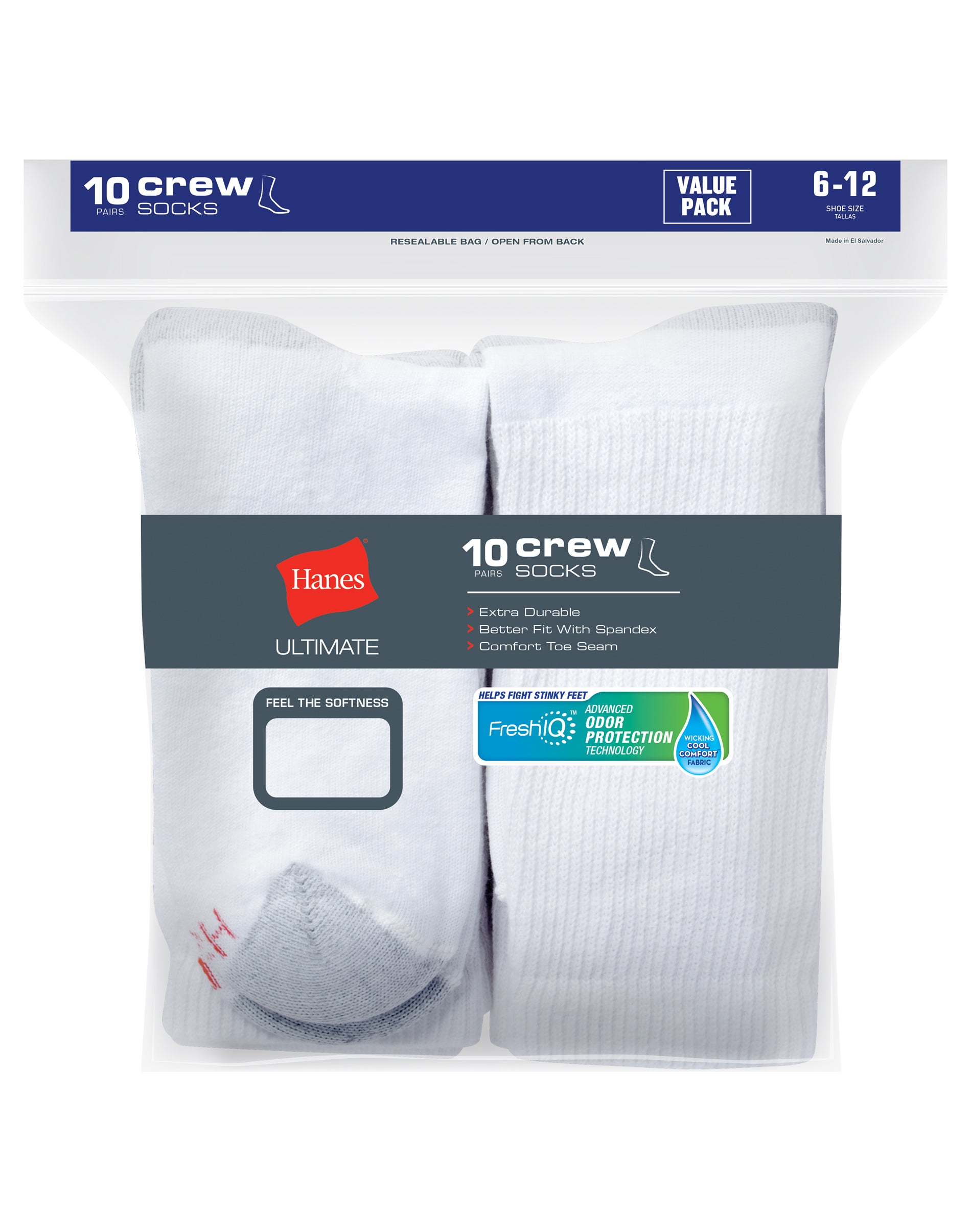 Hanes Men's 6-Pack Cushion Crew Socks (12-14 / Shoe: 13-15, White ...
