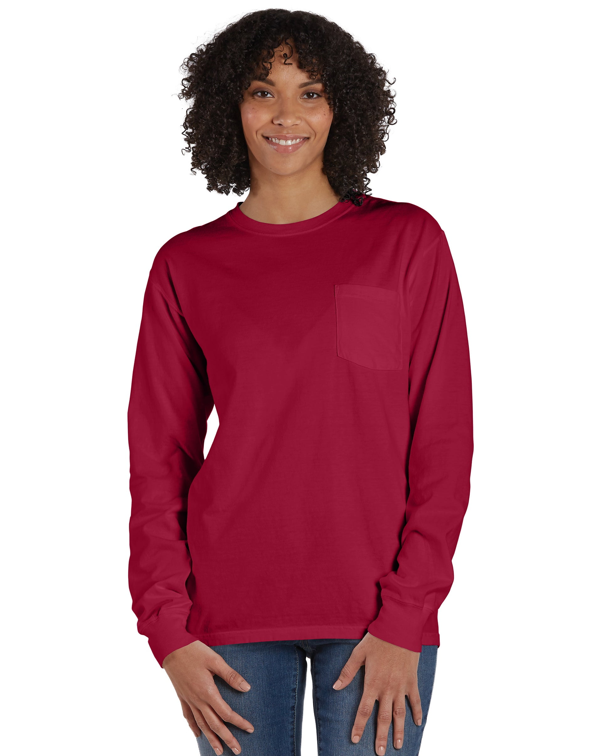 Hanes Unisex Garment Dyed Long Sleeve Pocket T-Shirt Crimson Fall S ...