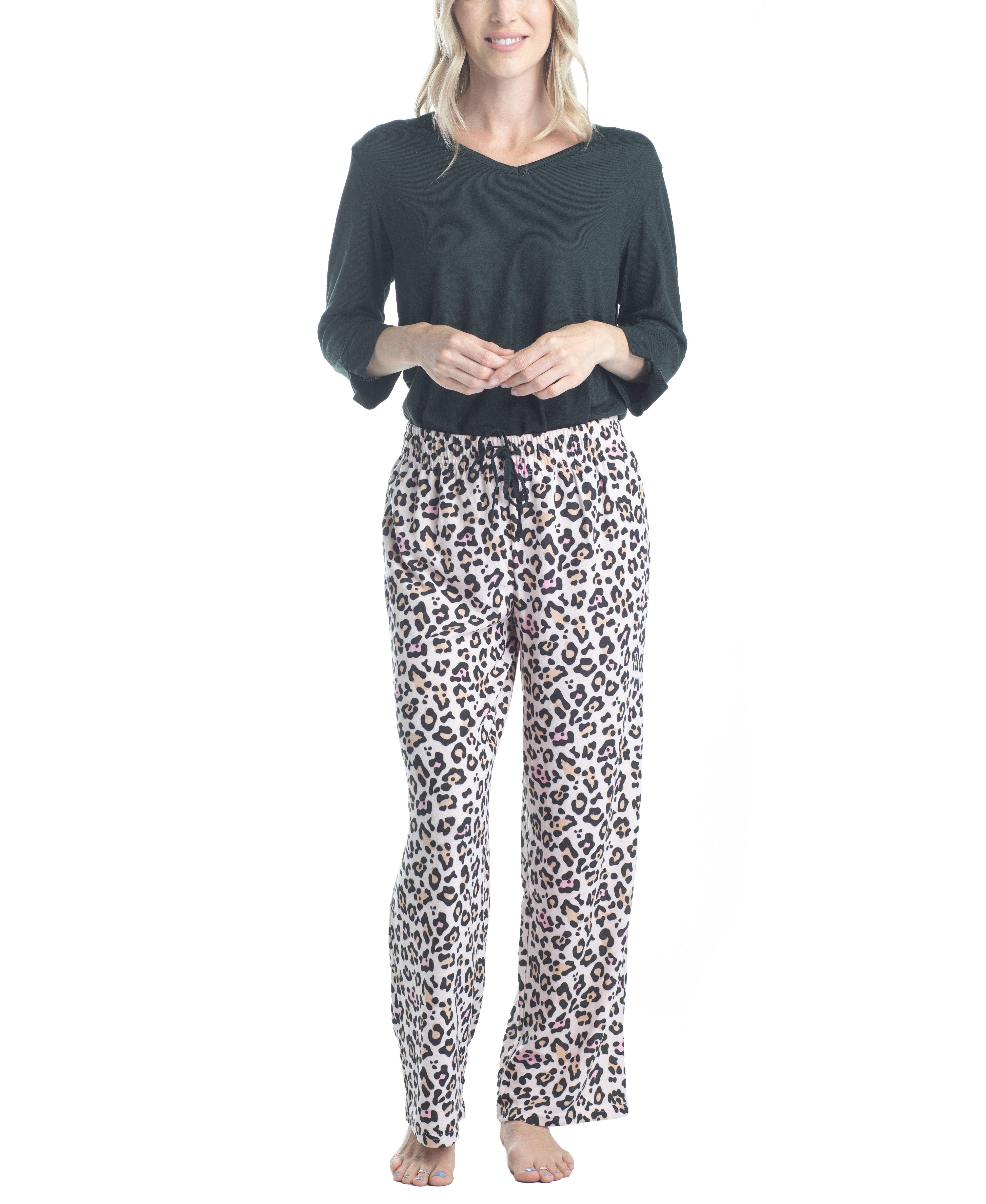 Hanes Women's Butter Knit 3/4 V-Neck Sleep Top and Pajama Pant Lounge ...