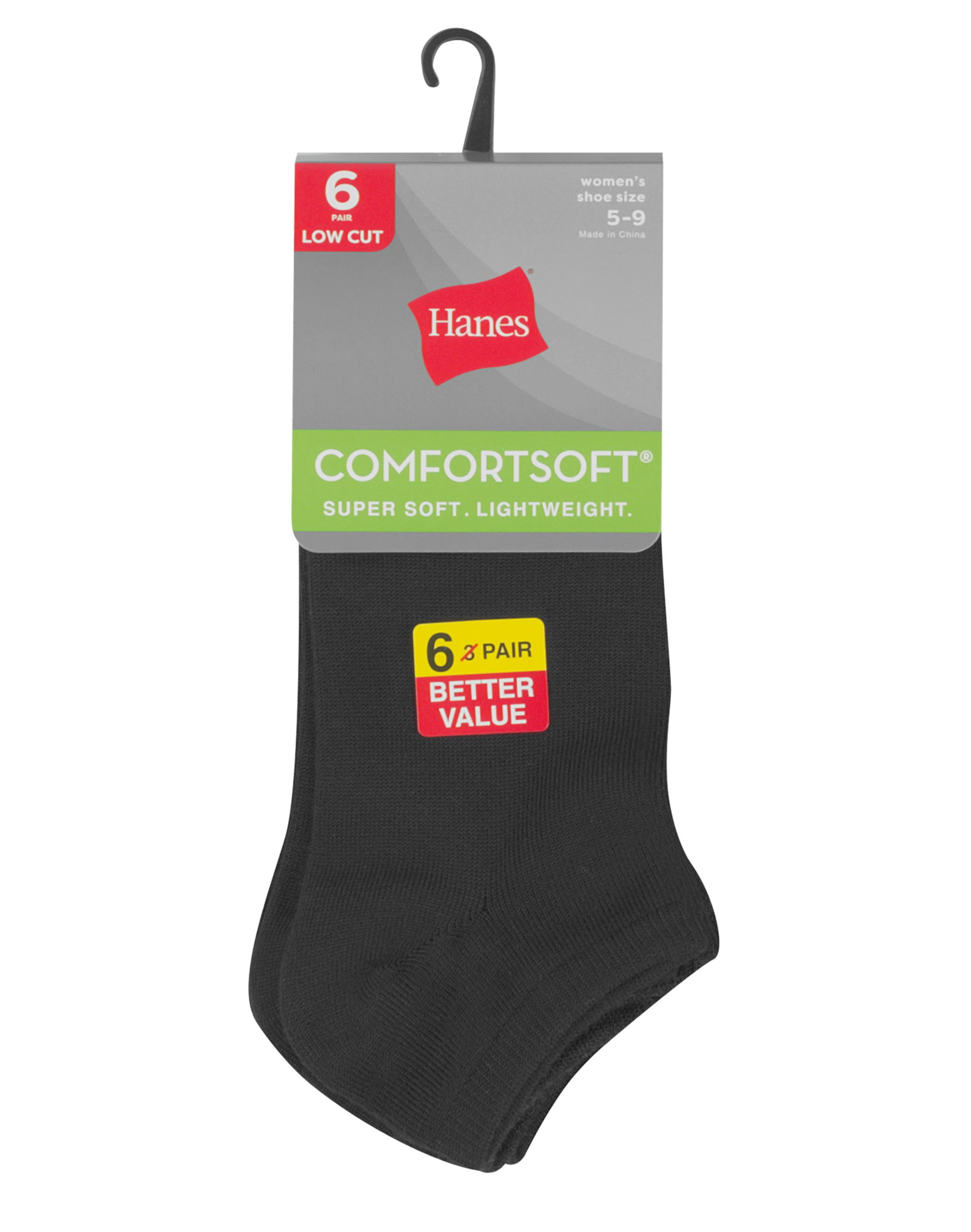 Hanes Women's ComfortSoft Low Cut Socks, Black, 6-Pack, Lightweight ...