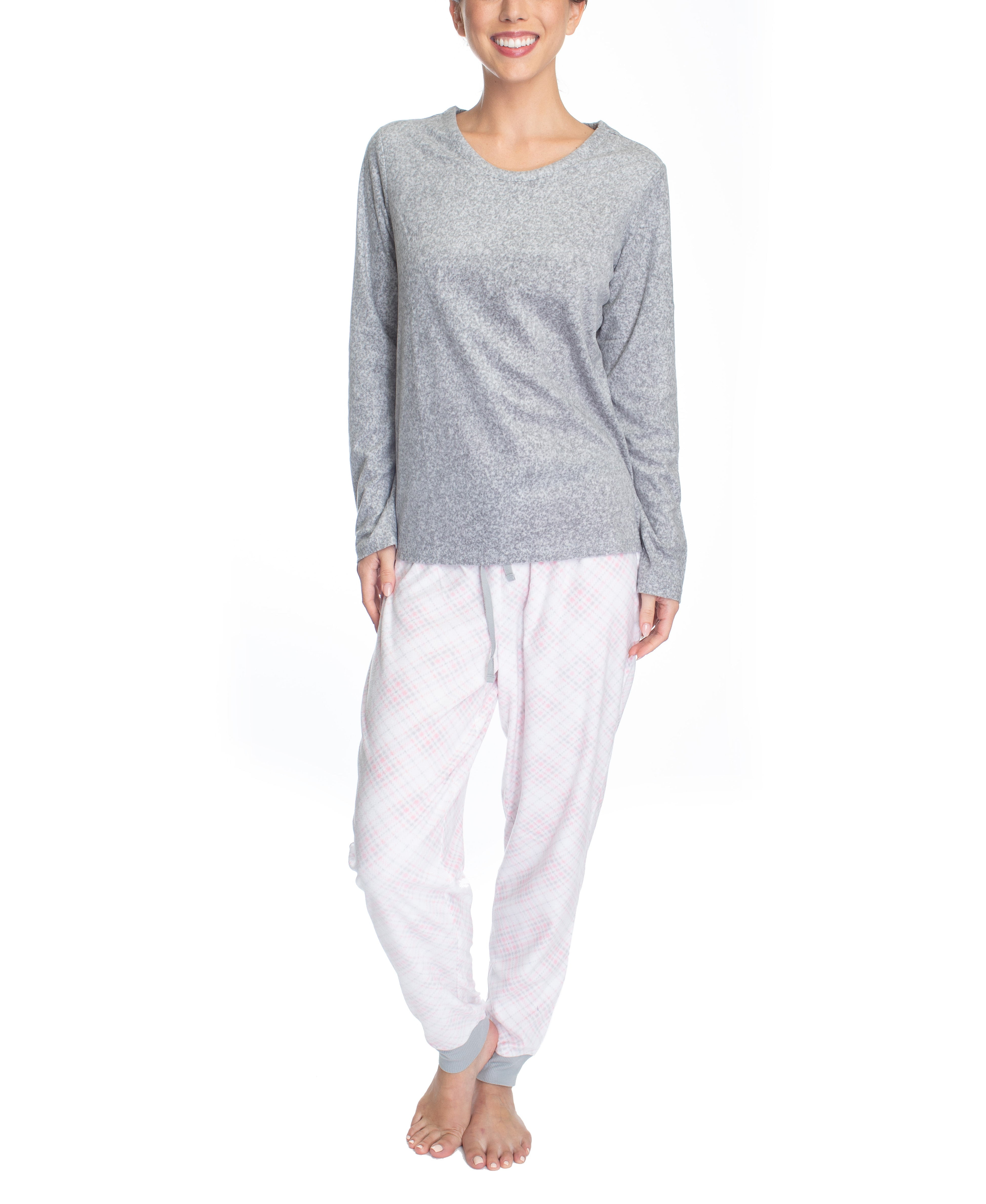 Hanes Women's Cozy Up 2 Piece Set Top and Jogger Pajamas, Grey/Plaid ...