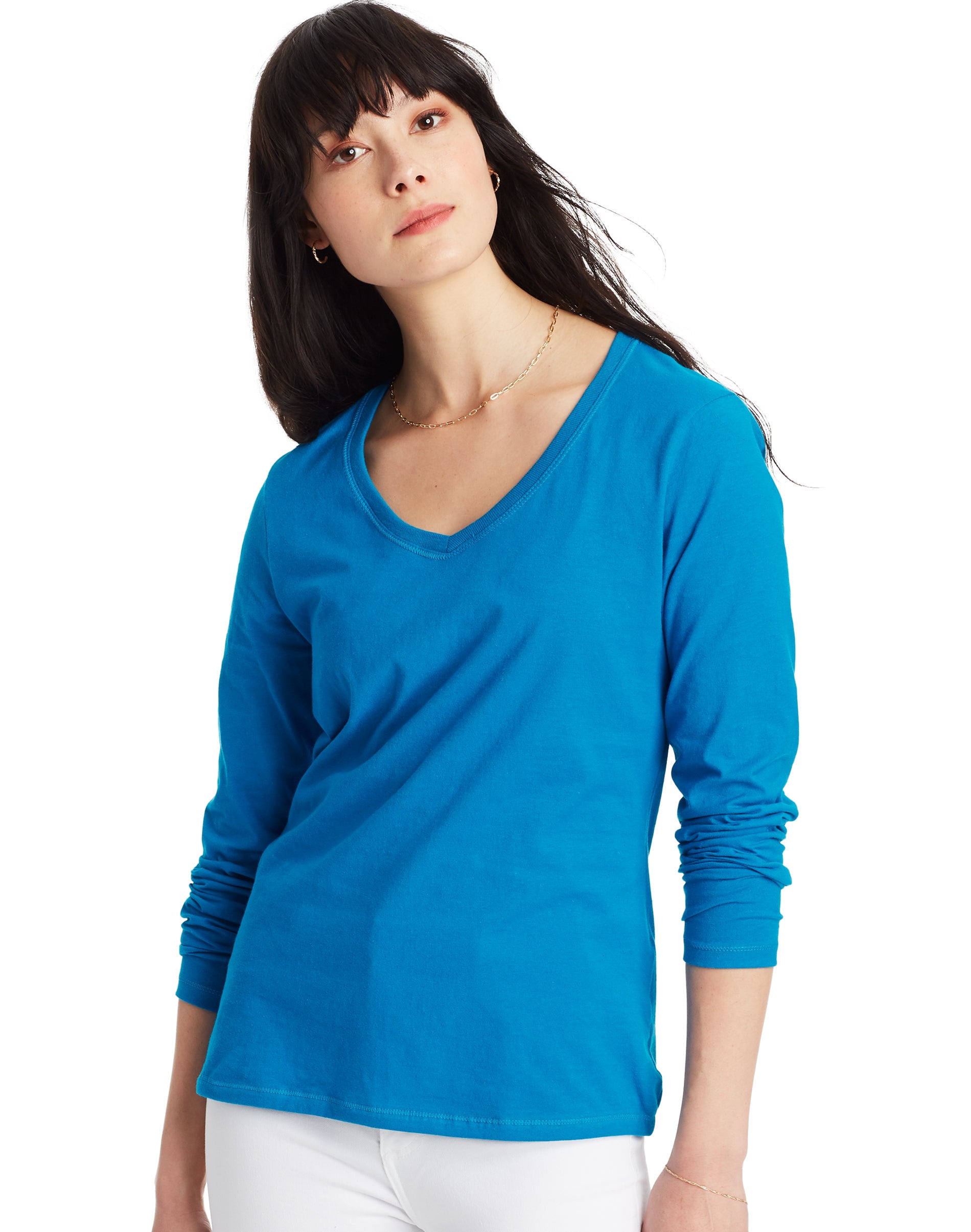 Hanes Women's Slim Fit V-Neck Long Sleeve T-Shirt, Deep Dive, XL, 100% ...