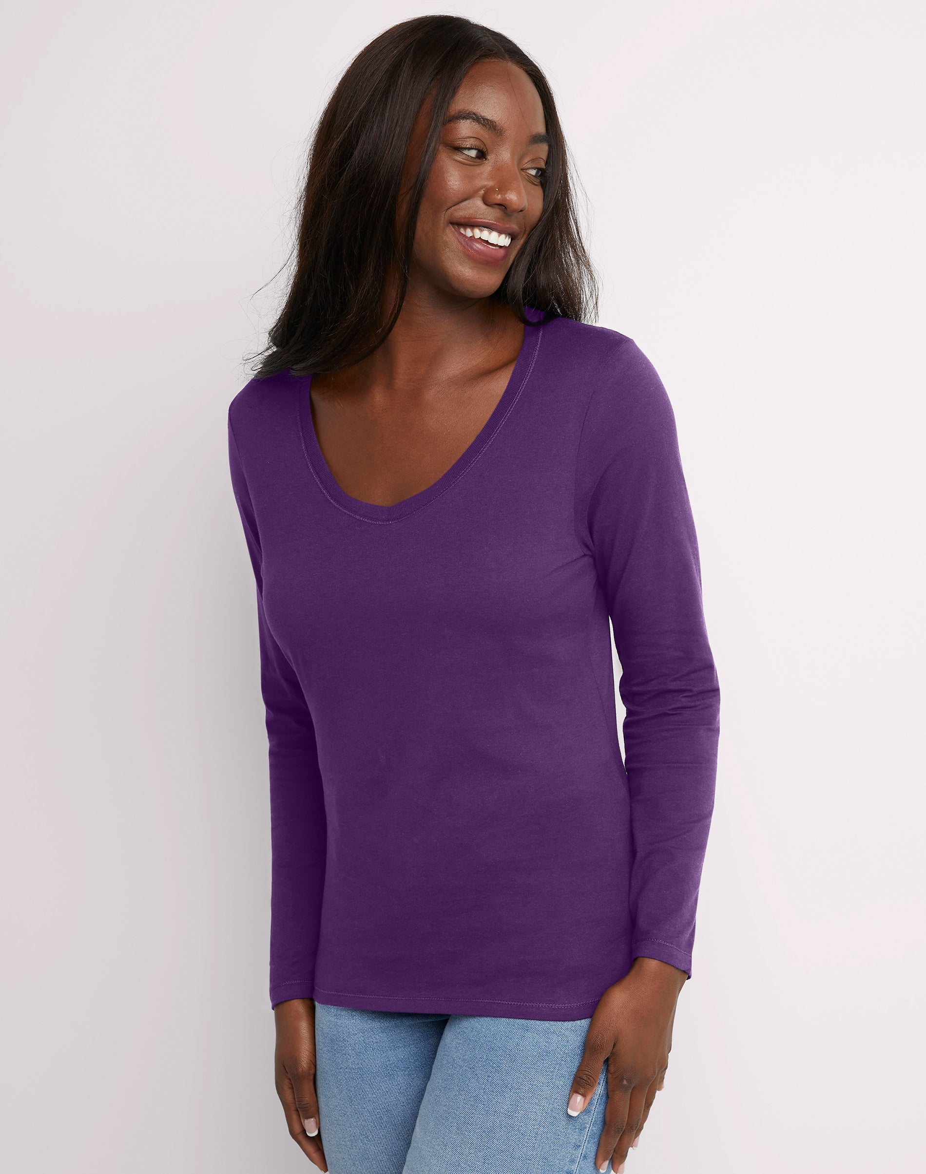 Hanes Women's Long Sleeve Cotton V-Neck T-Shirt Violet Splendor S ...