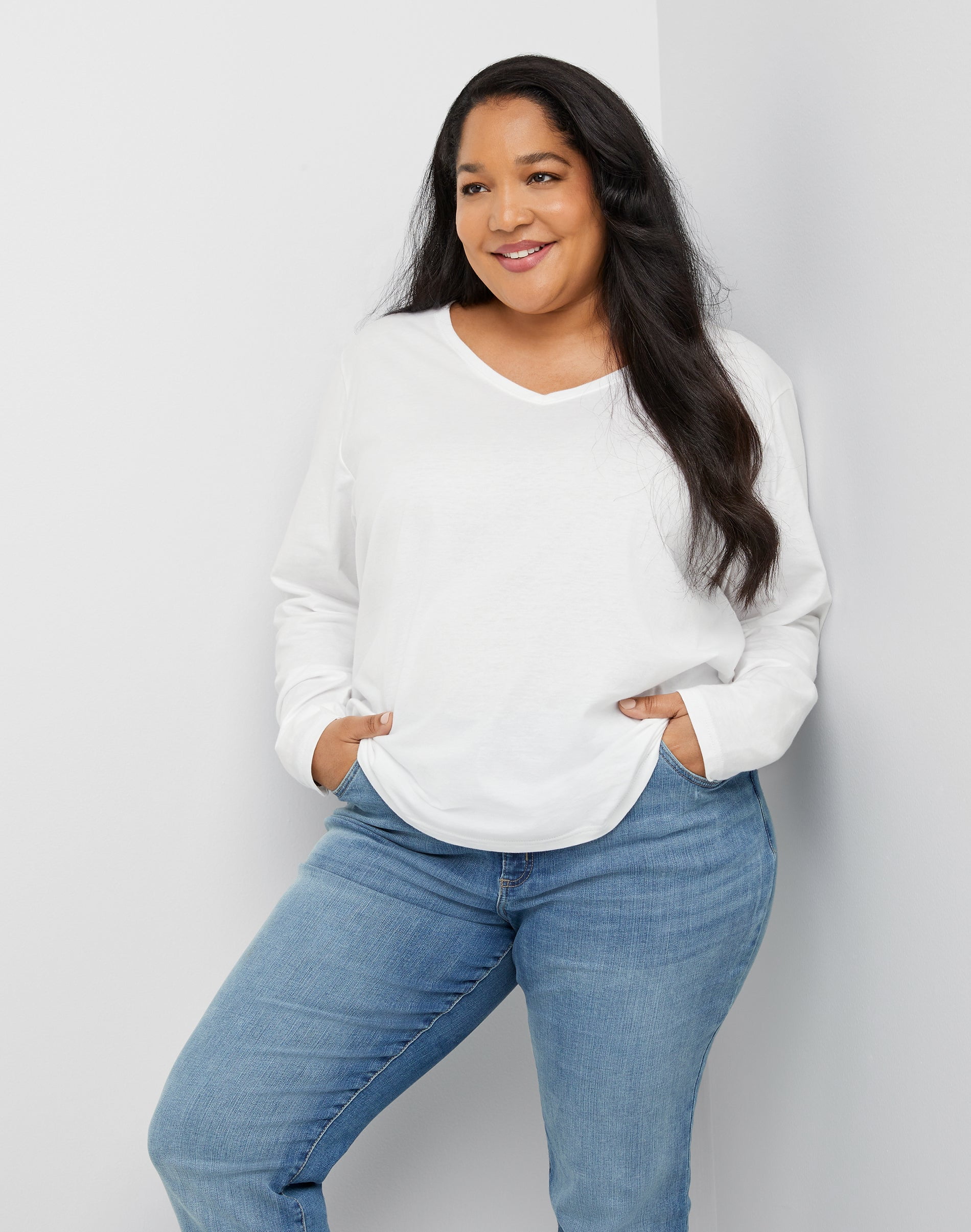 Hanes Women's Long Sleeve V-Neck Cotton T-Shirt (Plus Size) White 5X ...
